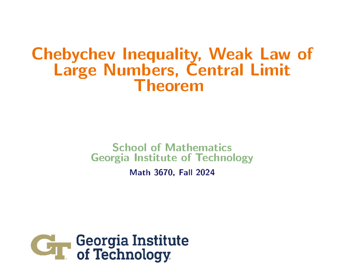 Math 3670: Chebychev Inequality and Central Limit Theorem - Studocu