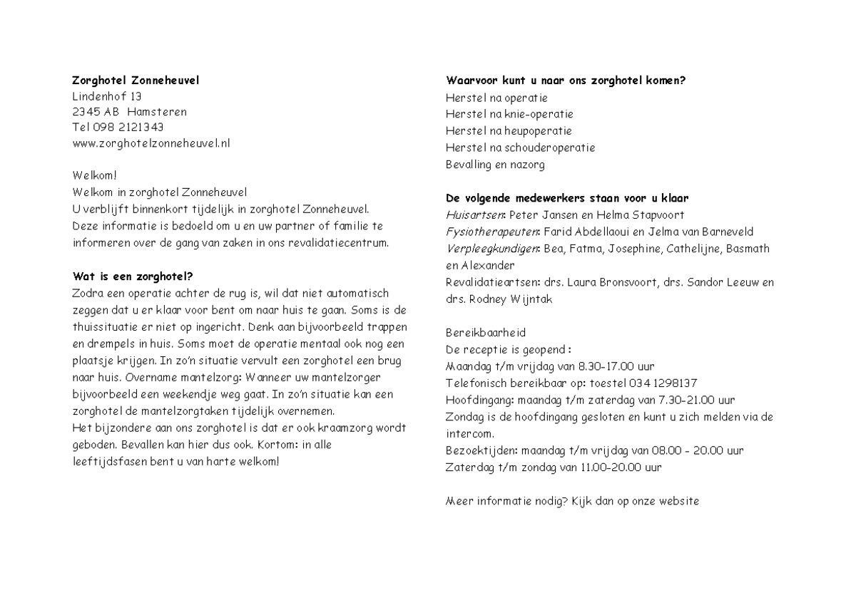 Informatiefolder Zorghotel Zonneheuvel: Welkom en Info over ...