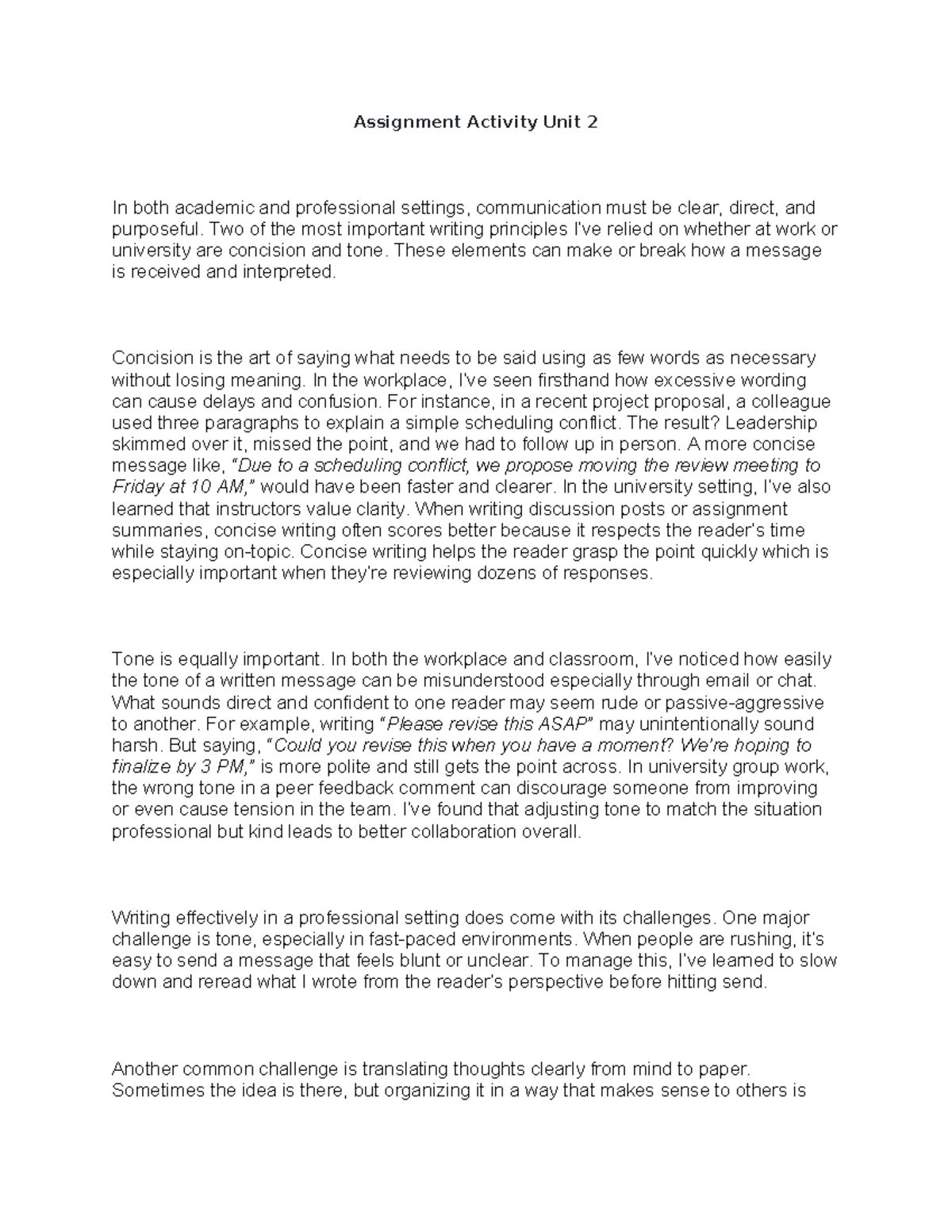 Unit 2 Assignment: Mastering Concision and Tone in Writing - Studocu