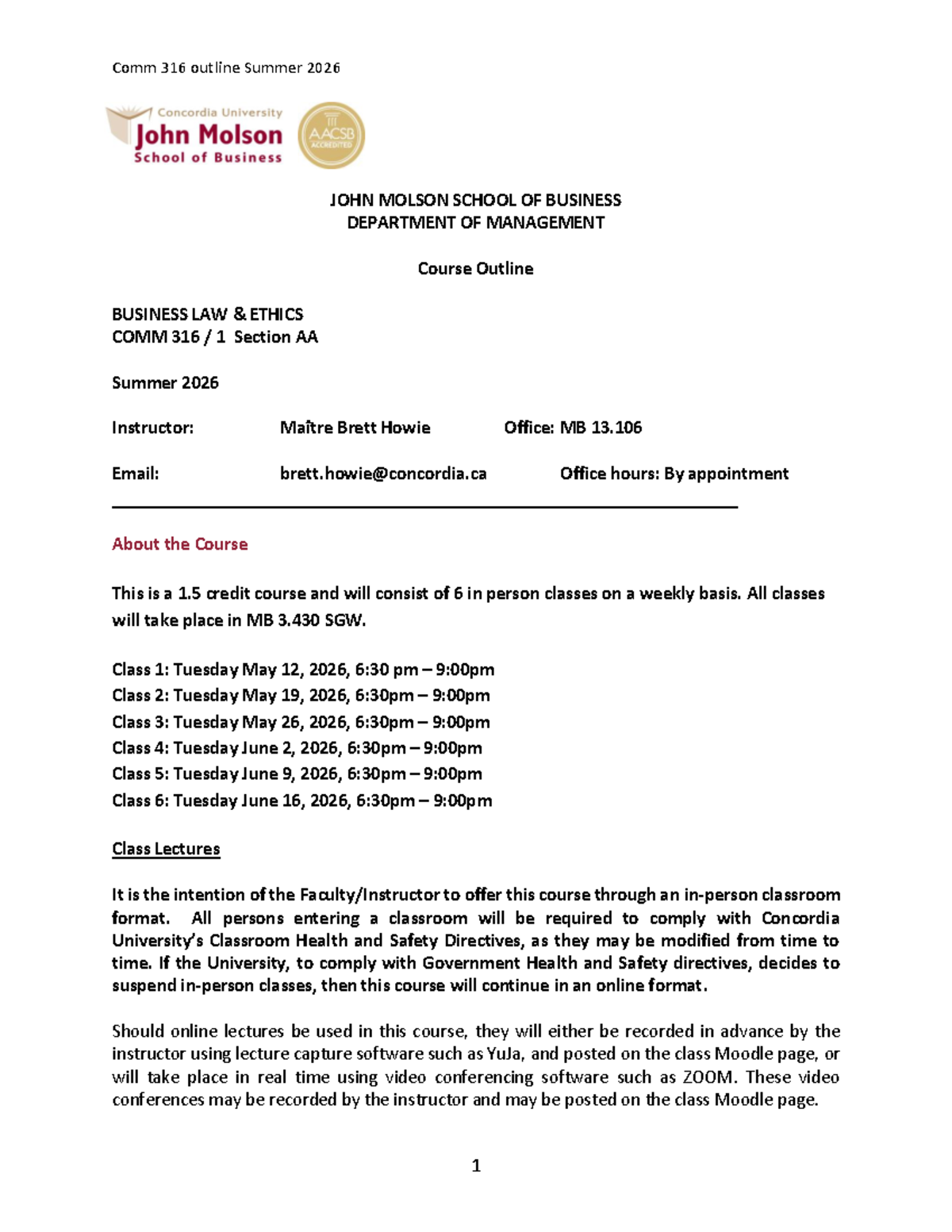 COMM 316 Course Outline: Business Law & Ethics - Summer 2026 - Studocu