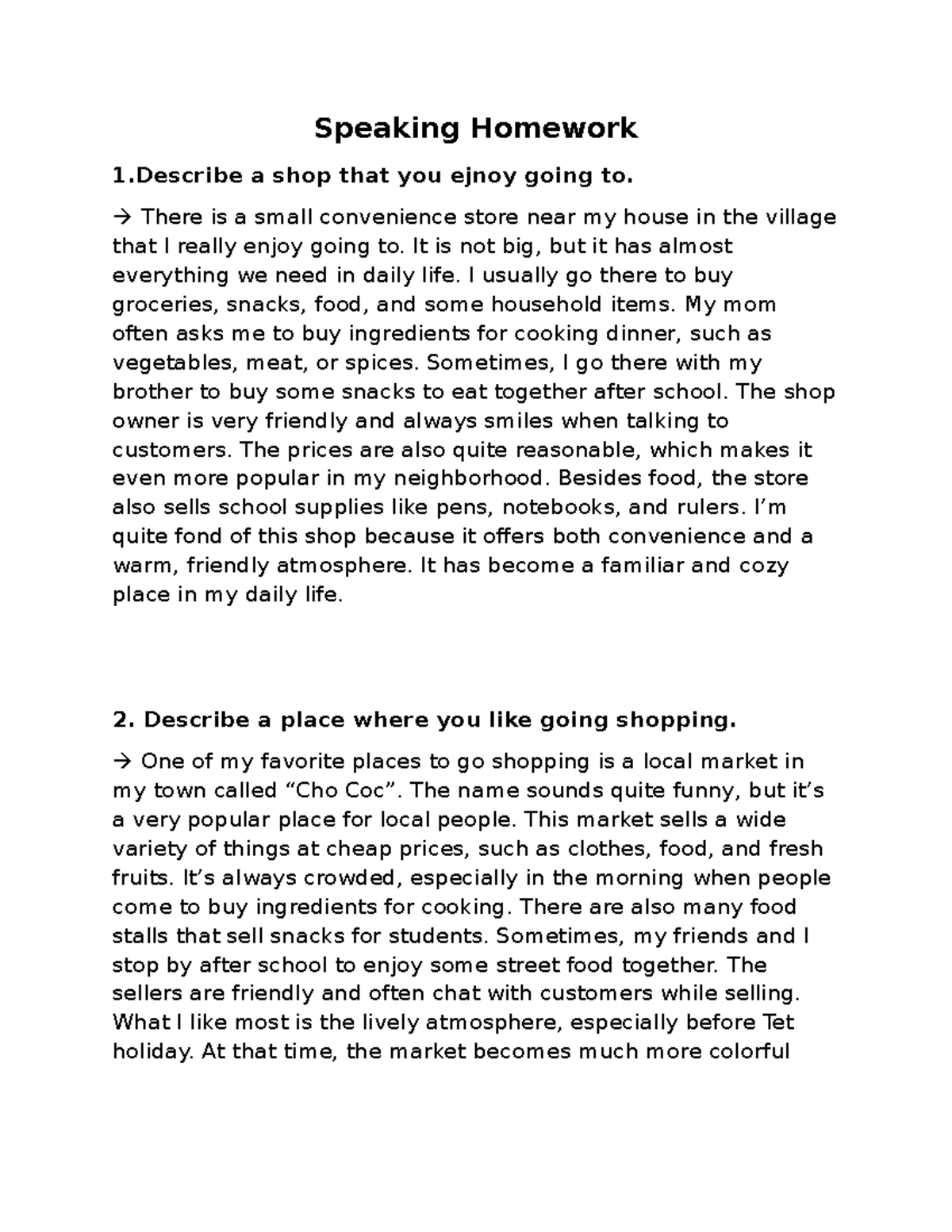 Speaking Homework - TA1: Describing Shops, Markets, and Idols - Studocu