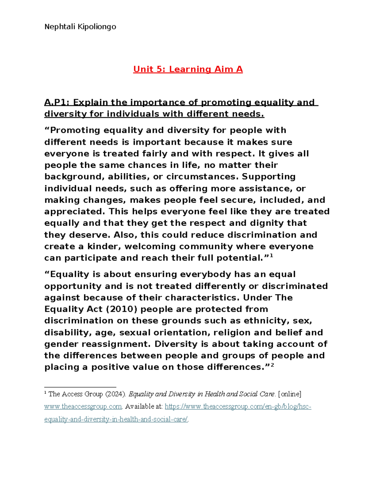 Unit 5: Meeting Individual Care & Support Needs - Promoting Equality ...