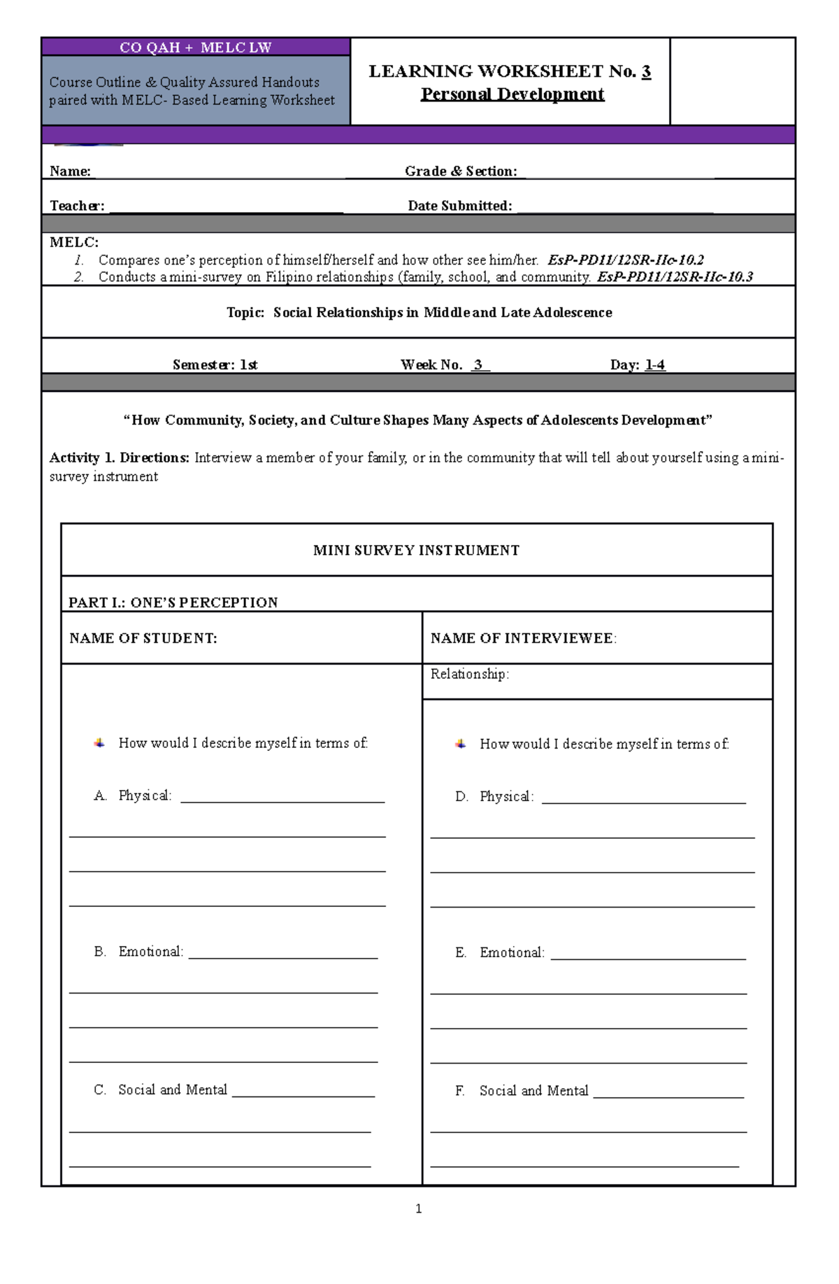 Perdev WEEK 3 worksheet - CO QAH + MELC LW LEARNING WORKSHEET No. 3 Course Outline & Quality ...