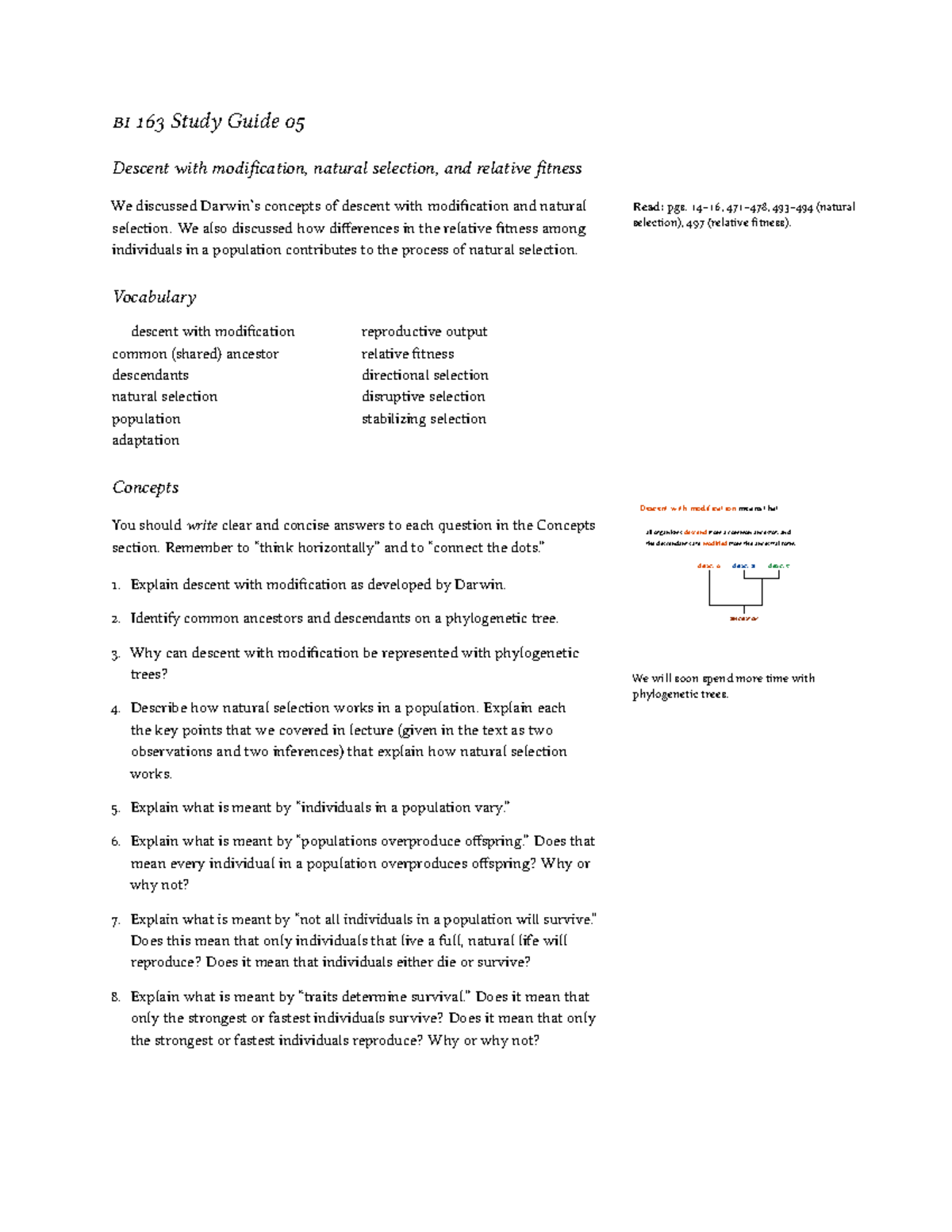 BI 163 Study Guide 05: Natural Selection, Descent, and Relative Fitness ...