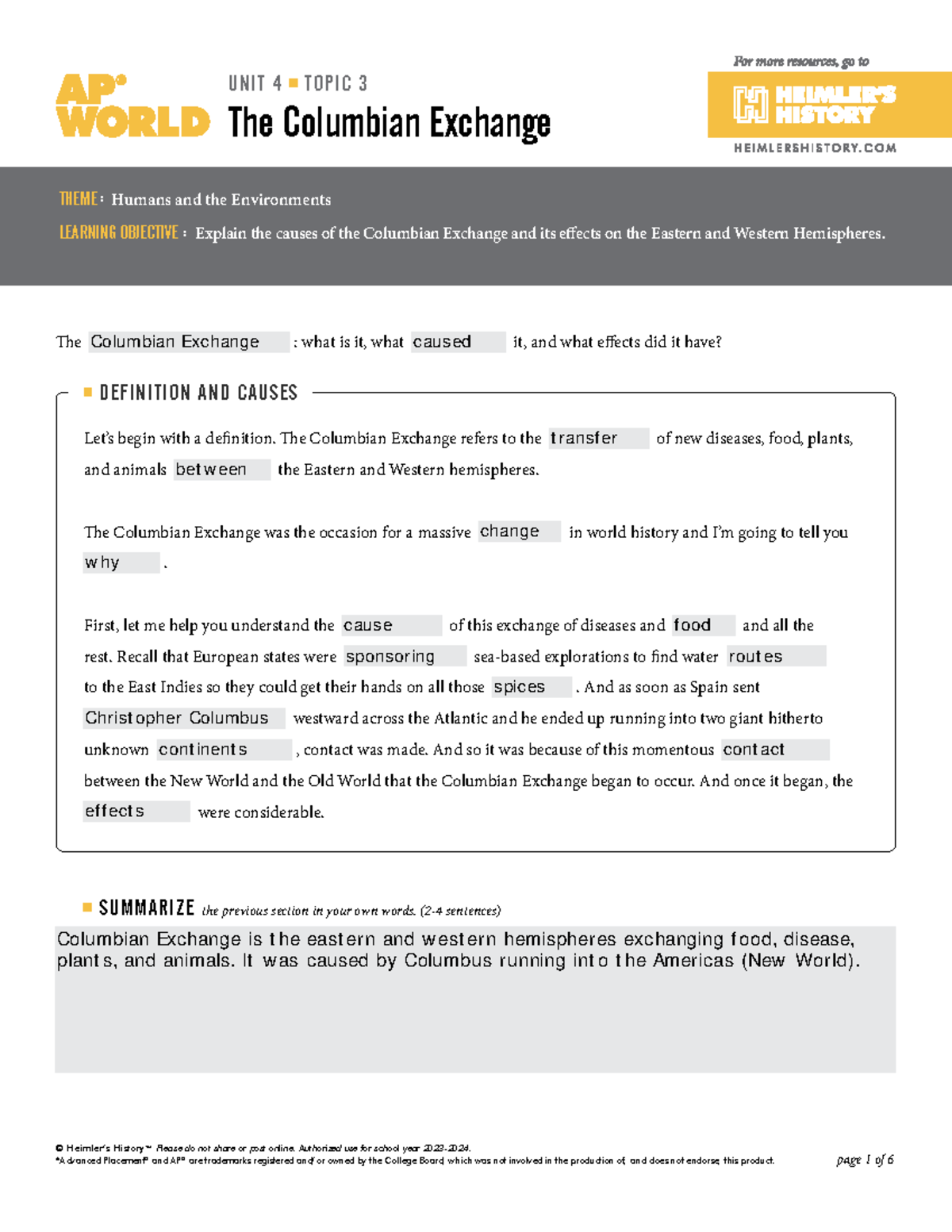 AP World Unit 4 Topic 3: The Columbian Exchange Note Guide - Studocu