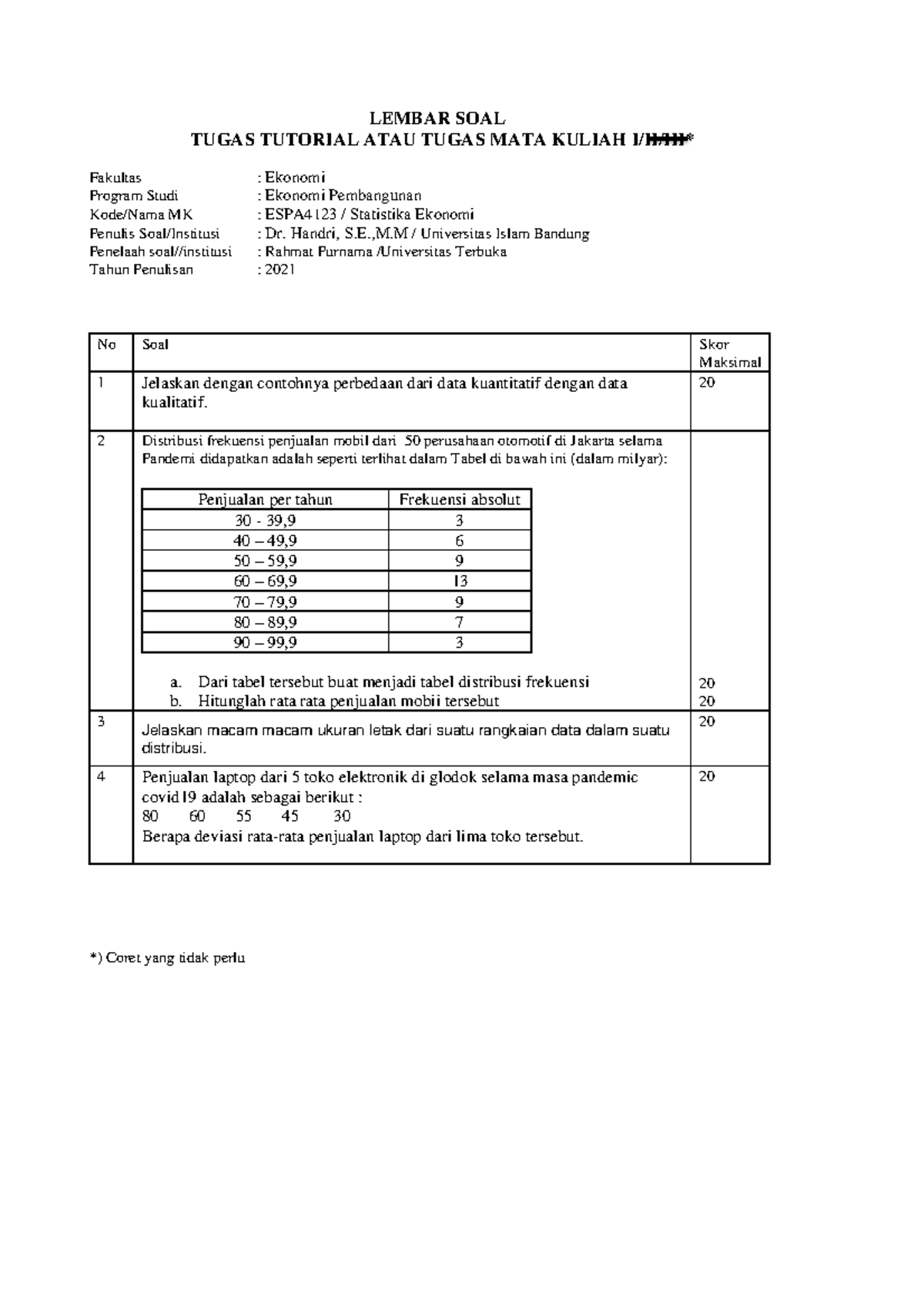 Soal Tugas 1(SE) - essay - LEMBAR SOAL TUGAS TUTORIAL ATAU TUGAS MATA KULIAH I/II/III* Fakultas ...