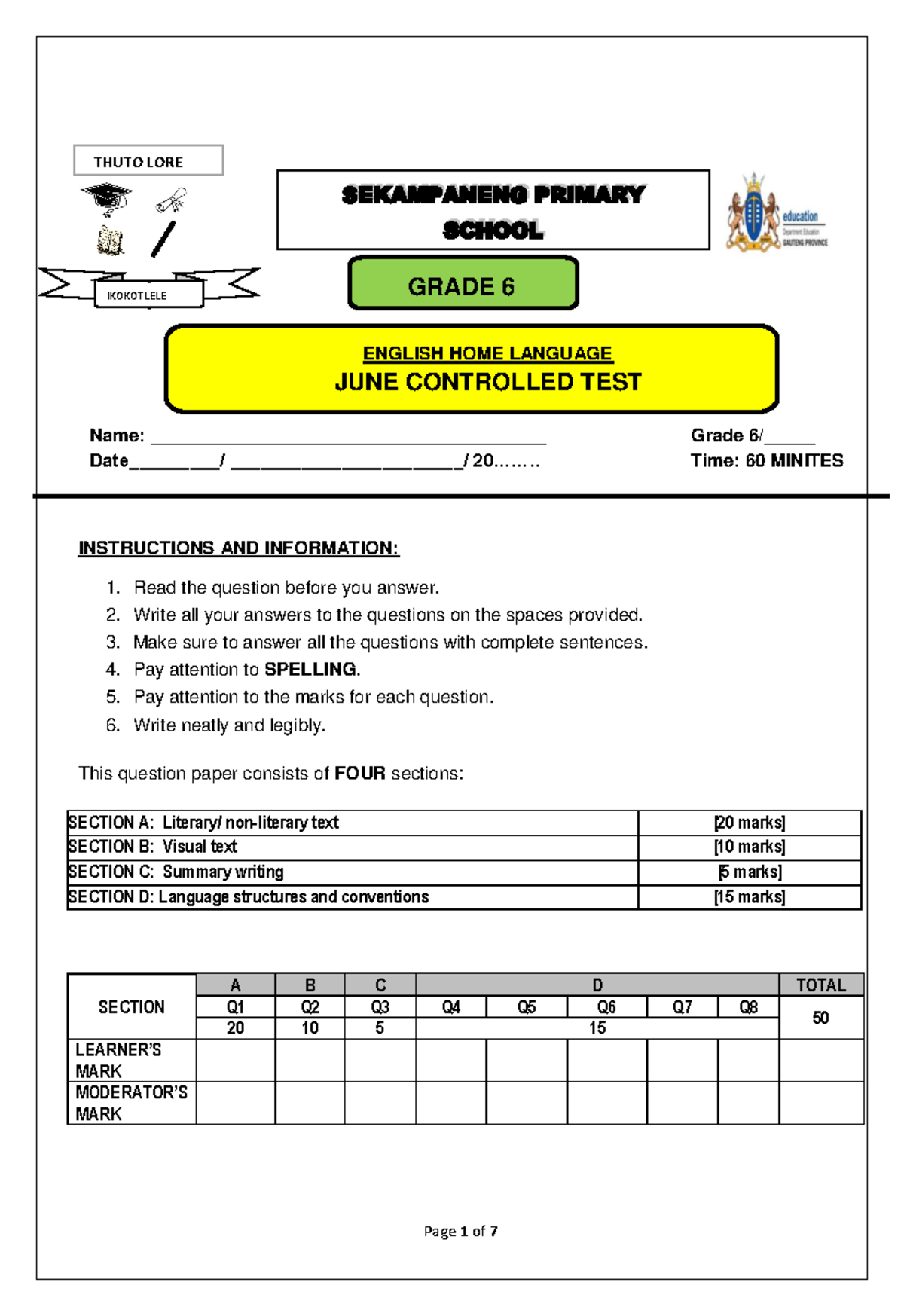 English Grade 6 June Controlled Test - Term 2 Evaluation - Studocu