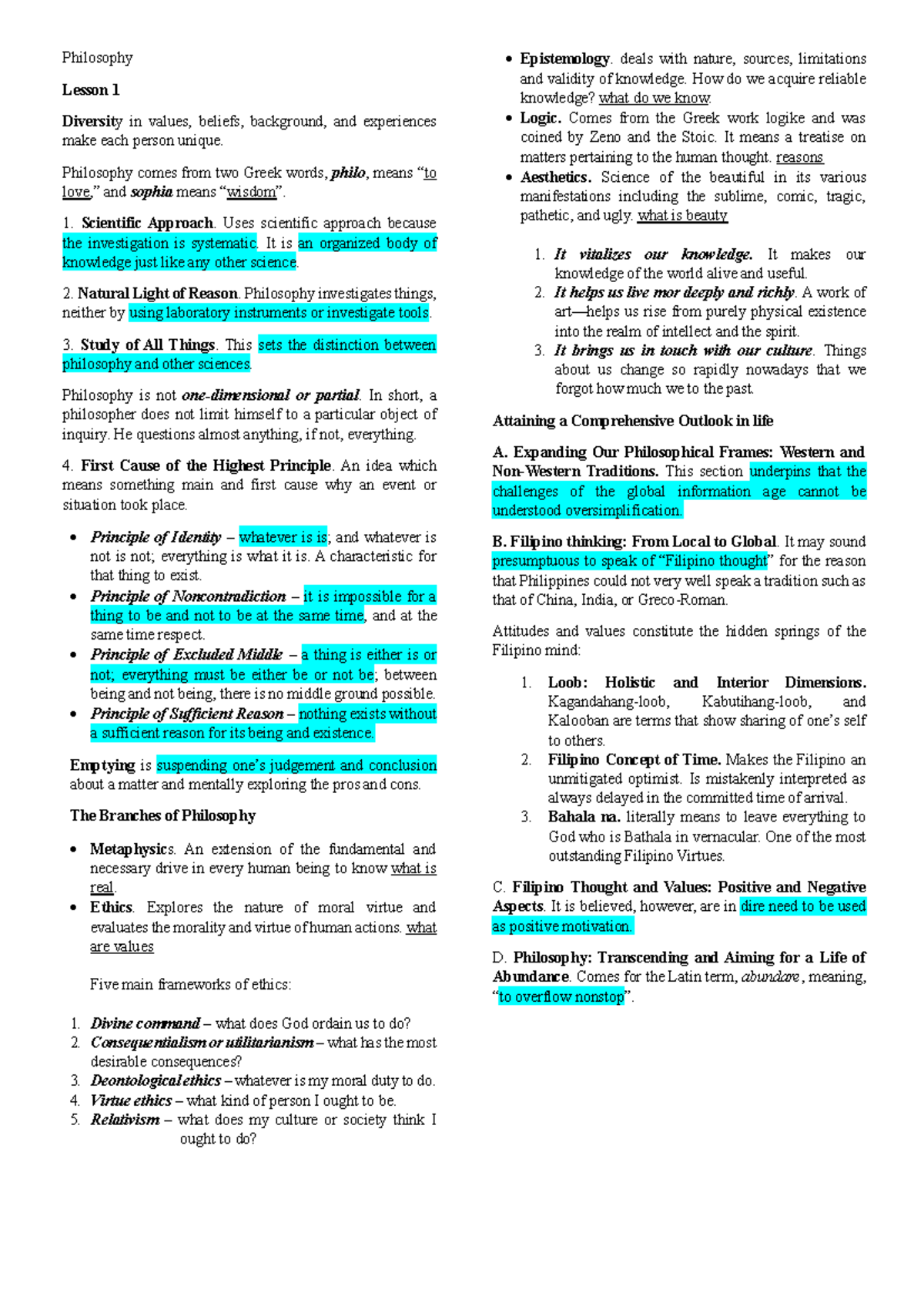 Philosophy Lesson 1 n 2 - Philosophy Lesson 1 Diversity in values ...