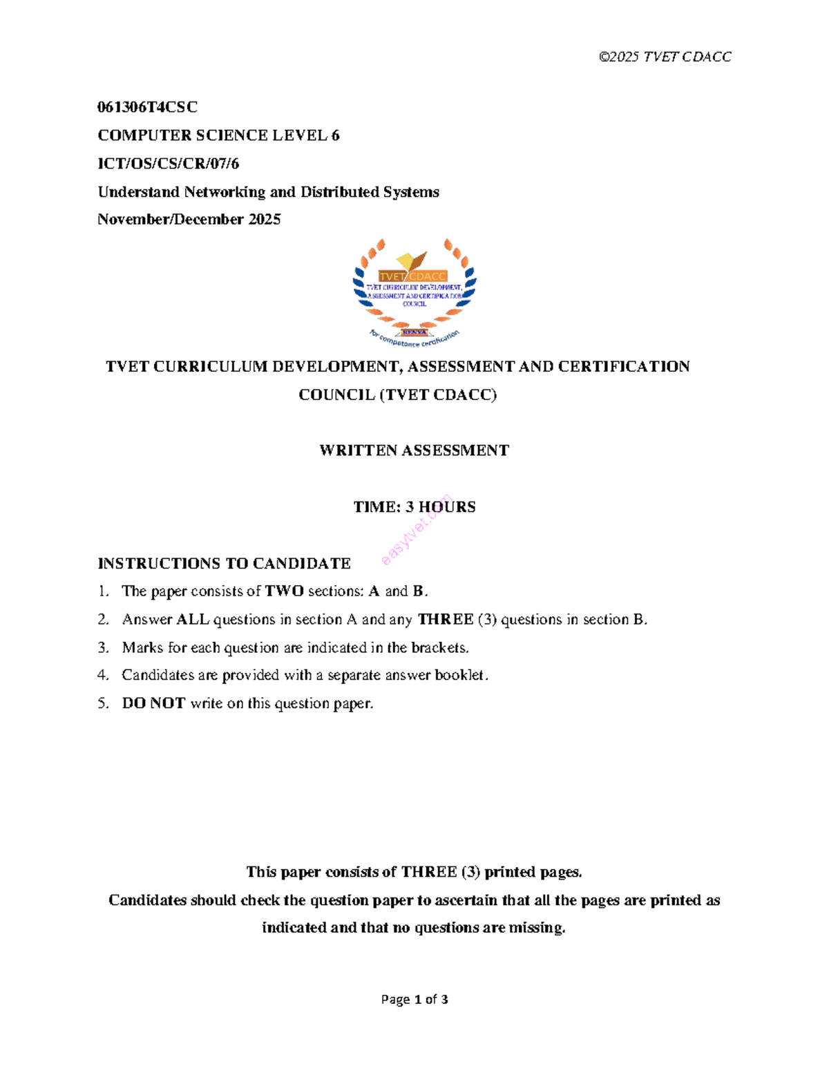 TVET CDACC 061306T4CSC Computer Science Level 6 Networking Assessment ...