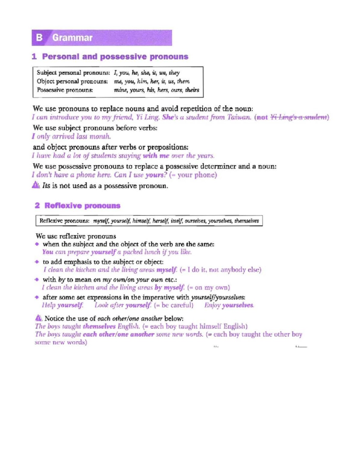 B Grammar 1: Personal, Possessive & Reflexive Pronouns Notes - Studocu