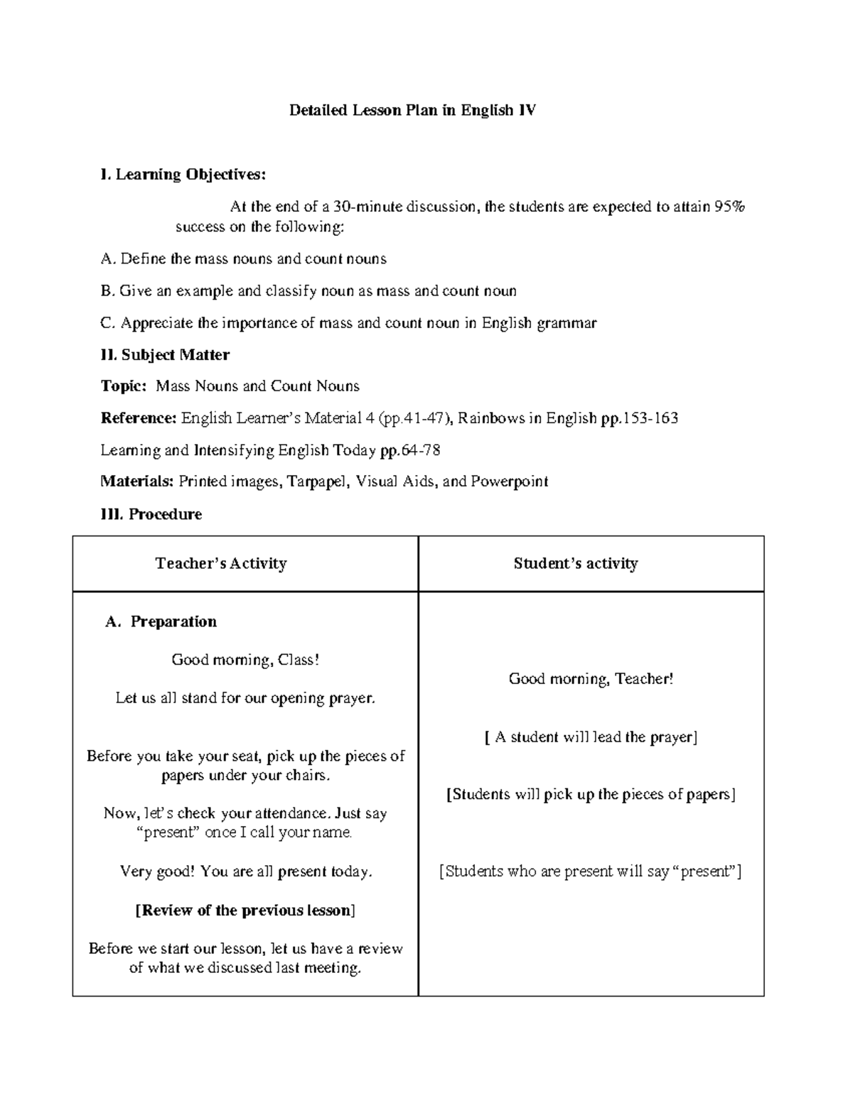 Detailed Lesson Plan on Count & Mass Nouns for English IV - Studocu