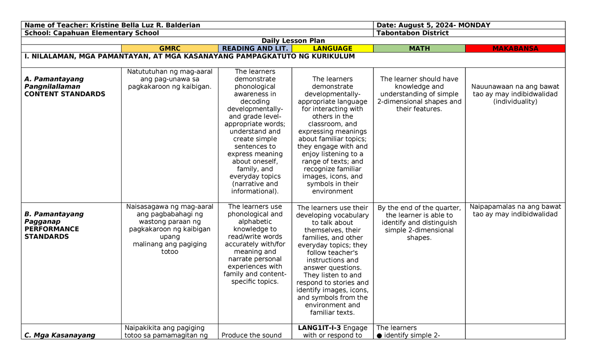 Matatag-DLP: Daily Lesson Plan Template by KBL - Studocu