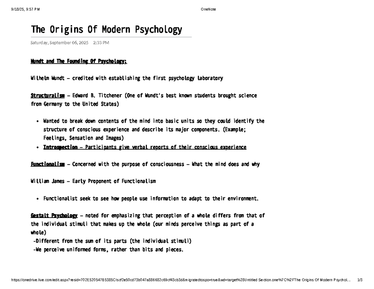 The Origins of Modern Psychology: Key Theories & Perspectives - Studocu