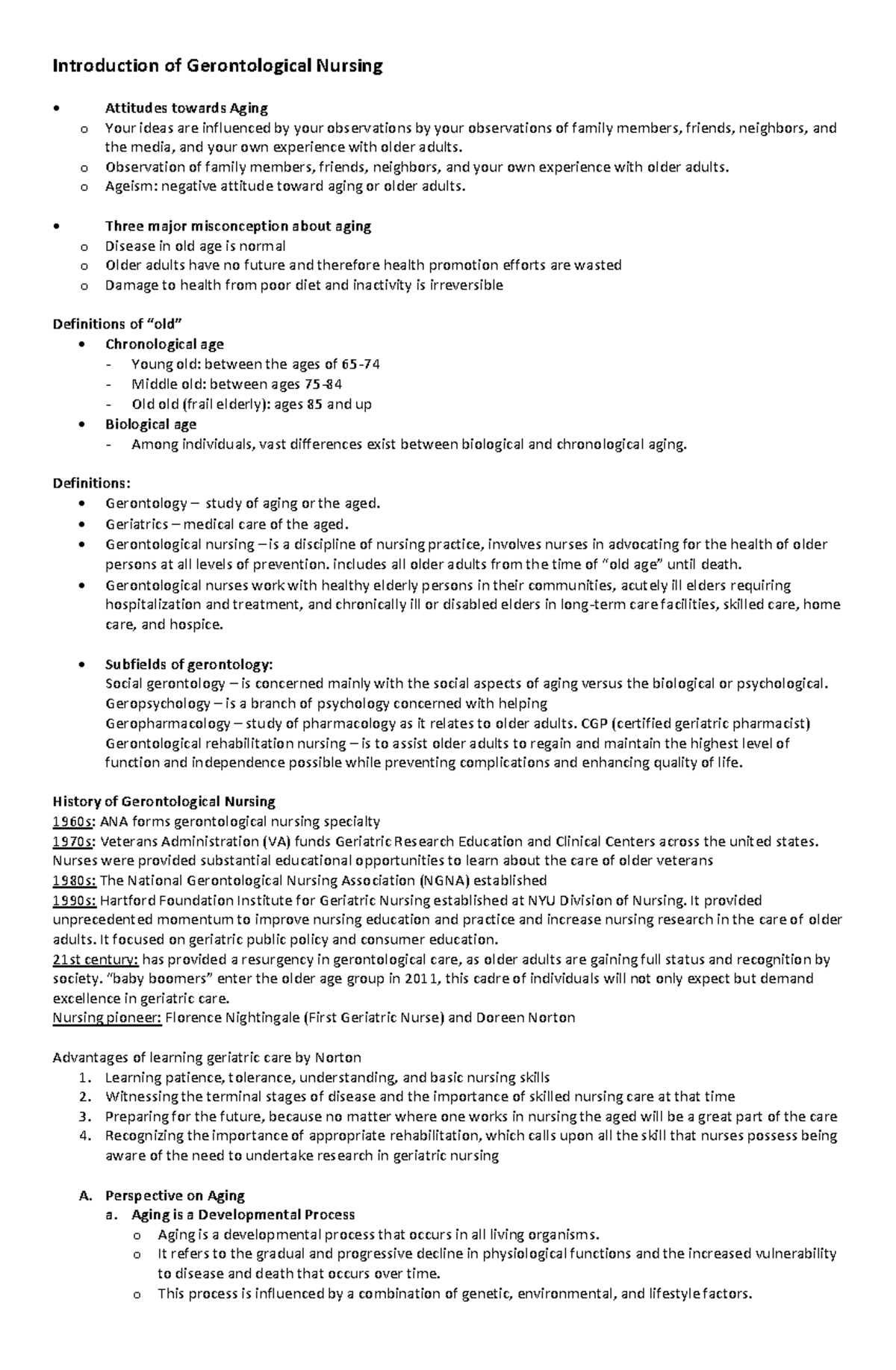 NCM-114-St - Gerontological Nursing Lecture Notes Overview - Studocu