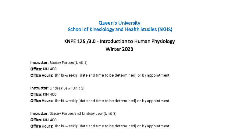 KNPE 125 Course Outline: Introduction to Human Physiology W23 - Studocu