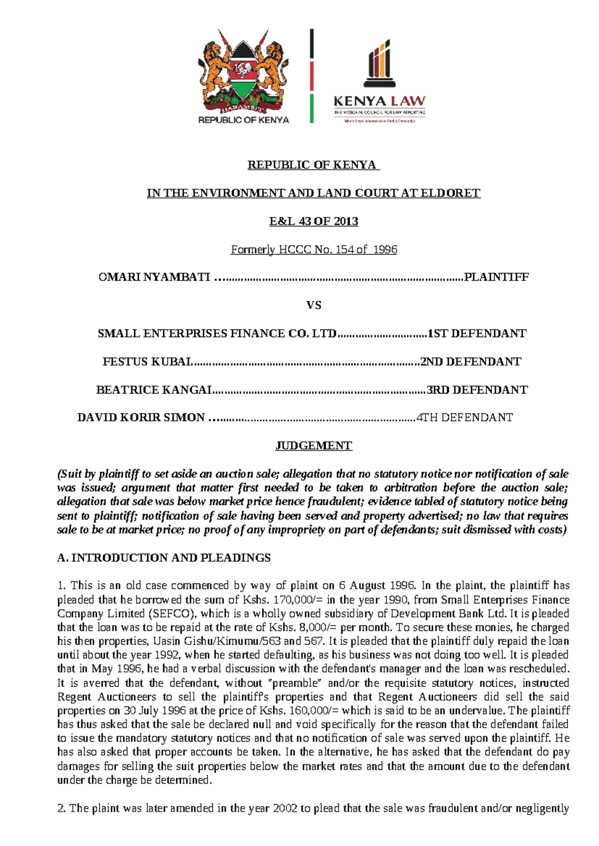 Omari Nyambati vs Small Enterprises Finance Co. Ltd: Judgment Analysis ...