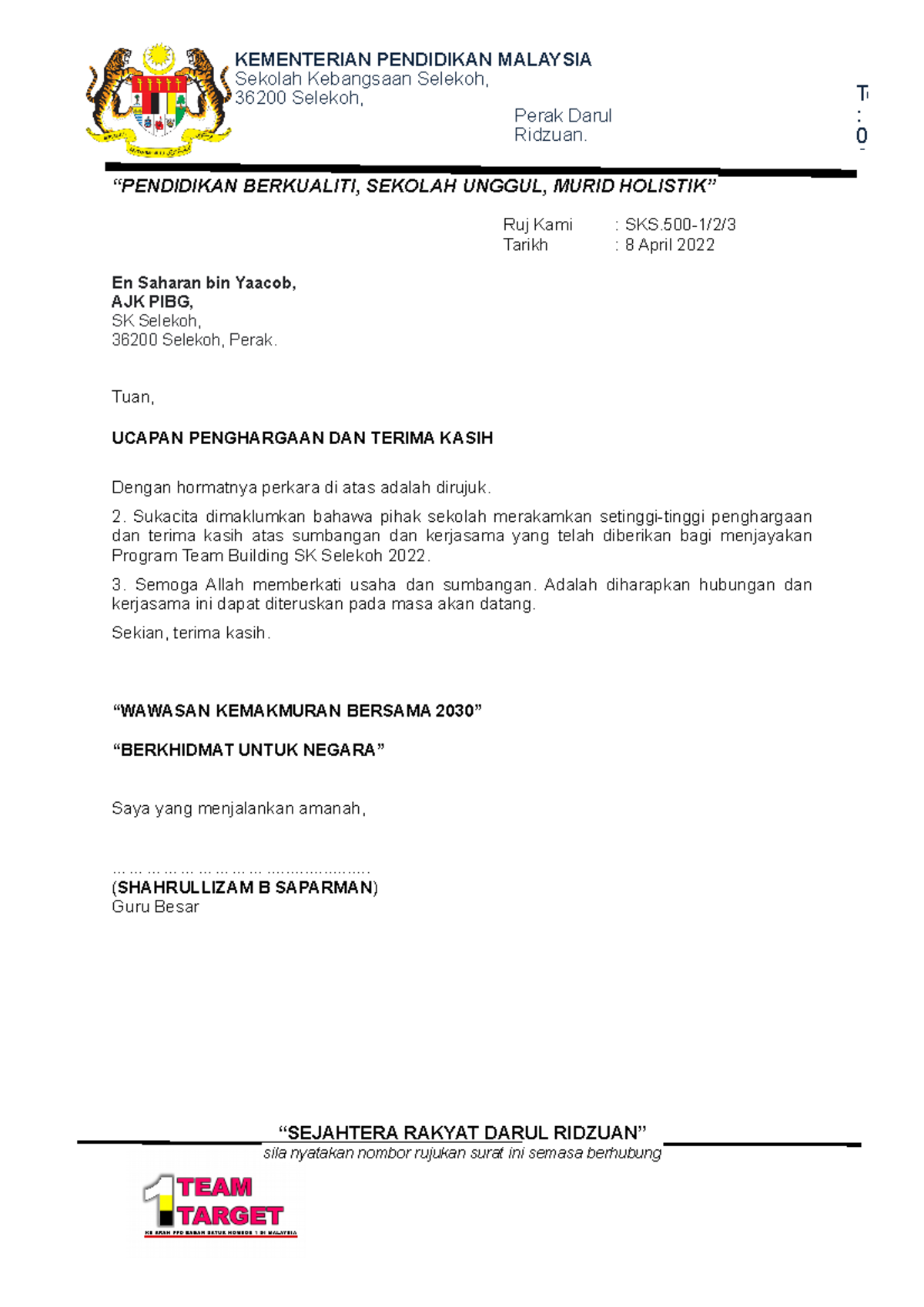 Ucapan Penghargaan Sumbangan untuk Program Team Building SKS.500-1/2 ...