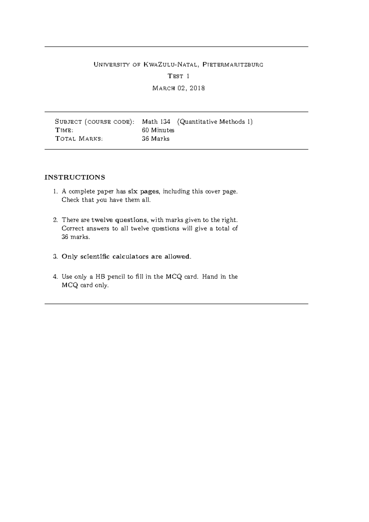 Test 1 Revision for Math 134 - Quantitative Methods I Exam - Studocu