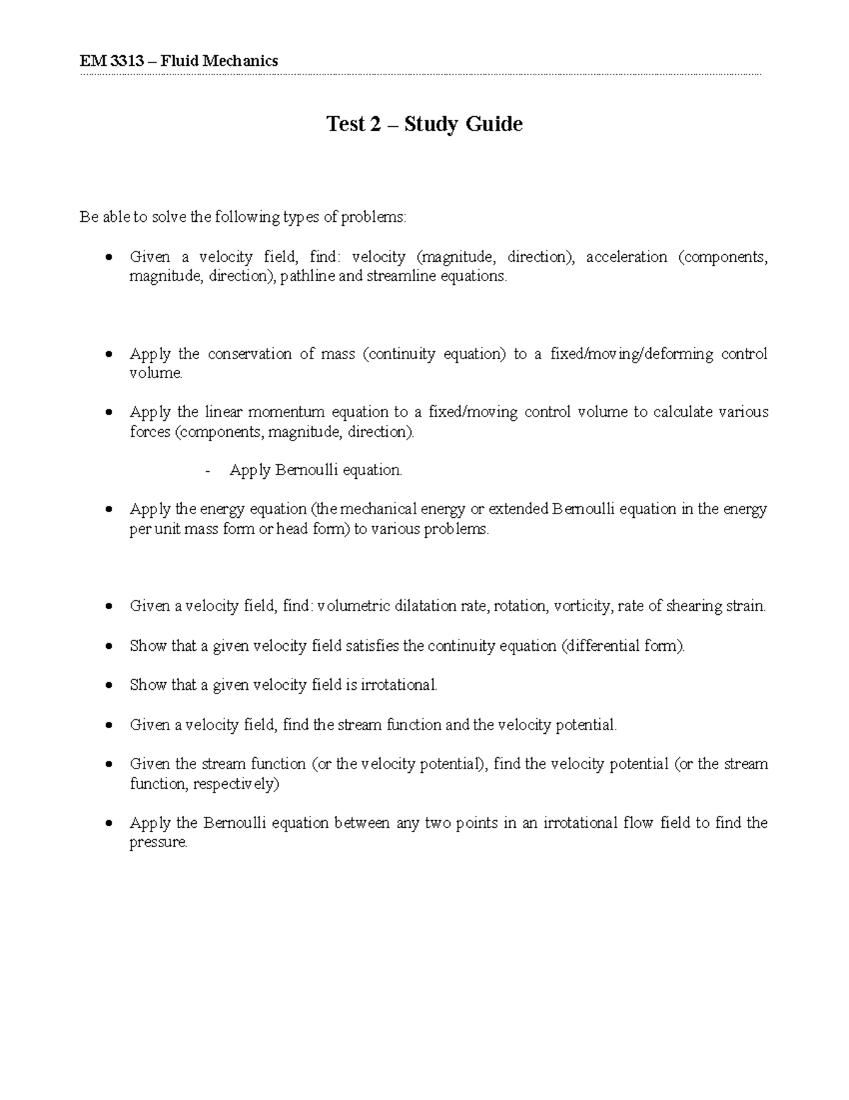 EM 3313 Fluid Mechanics Test 2 Study Guide and Key Concepts - Studocu