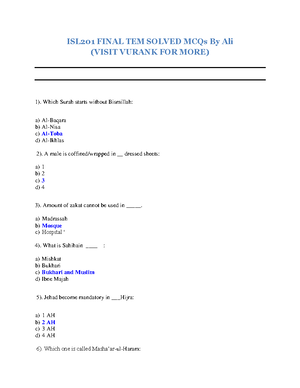 ISL202 MCQs - Important for final term - 1. Which of the following is the longest Surah of the ...