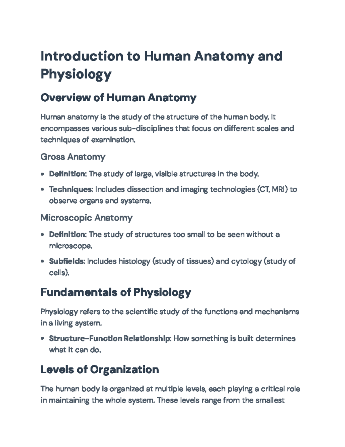 Human Anatomy and Physiology Overview - Introductory Notes ...