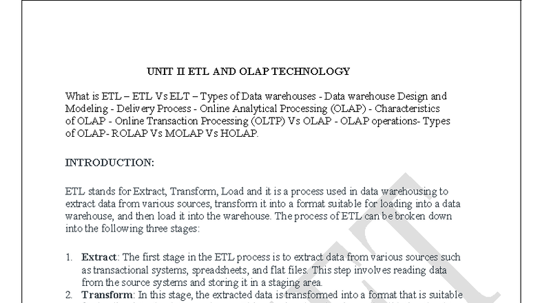 Data Warehousing Unit II: ETL & OLAP Technologies Overview - Studocu