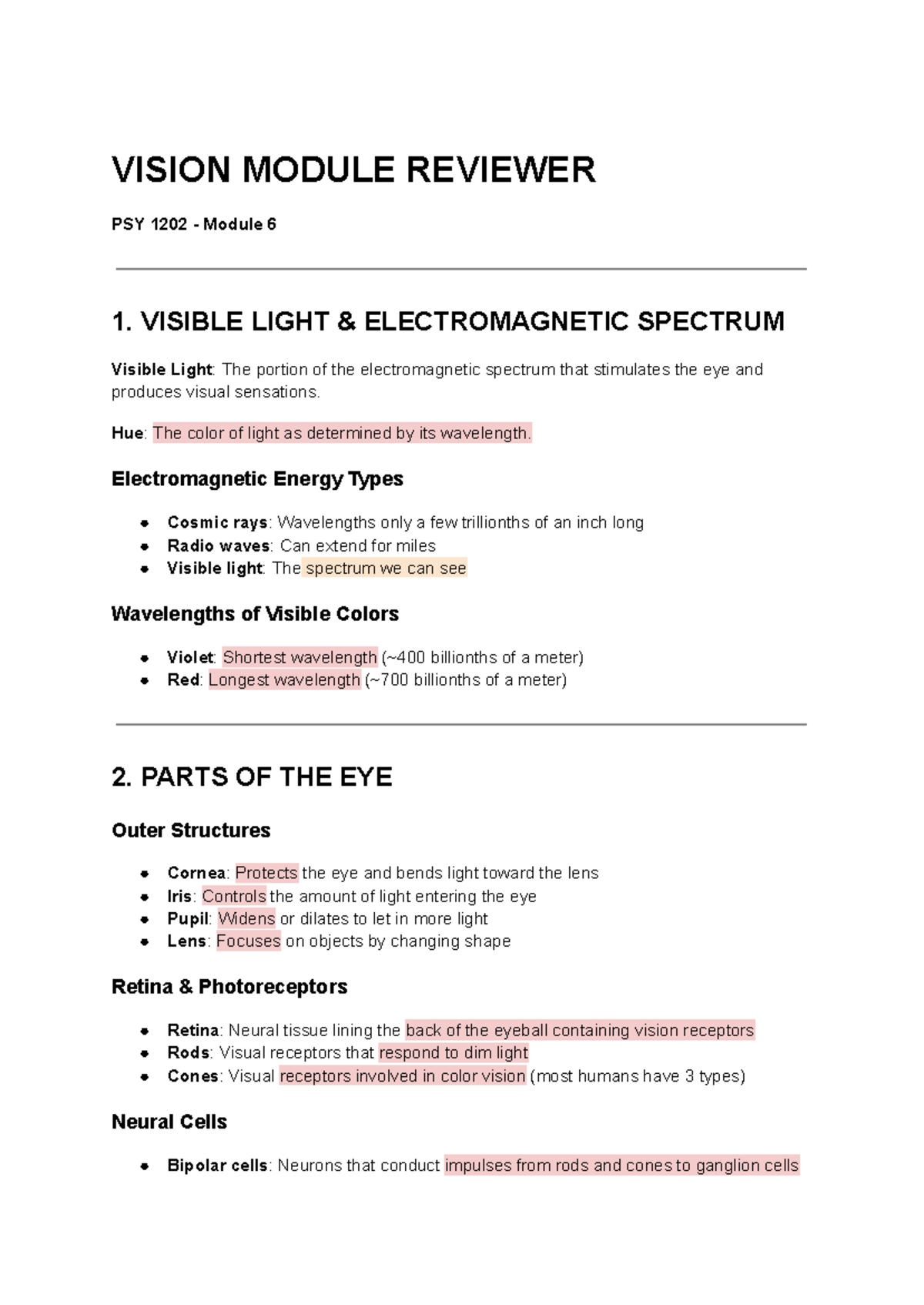 Vision Module Reviewer: Key Concepts & Theories in PSY 1202 - Studocu