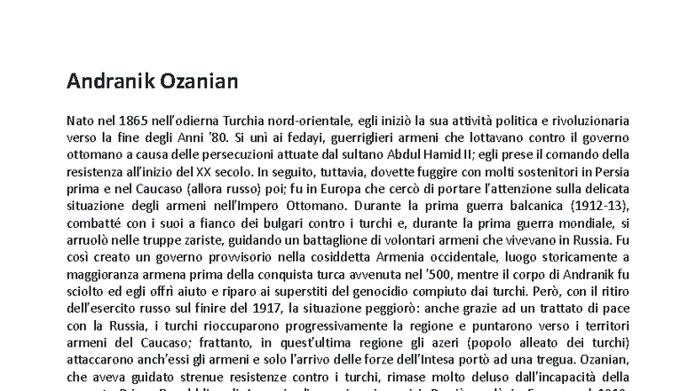 Riassunto su Andranik Ozanian: Eroe della Resistenza Armena - Studocu