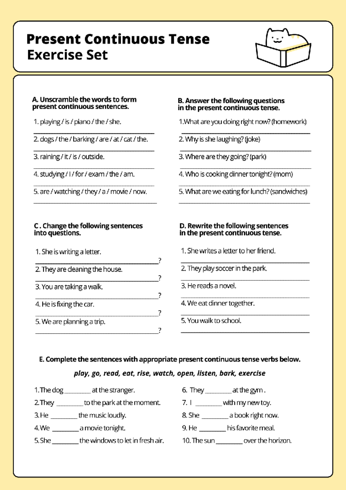 Present Continuous Tense Exercises Worksheet (Set A) - Studocu