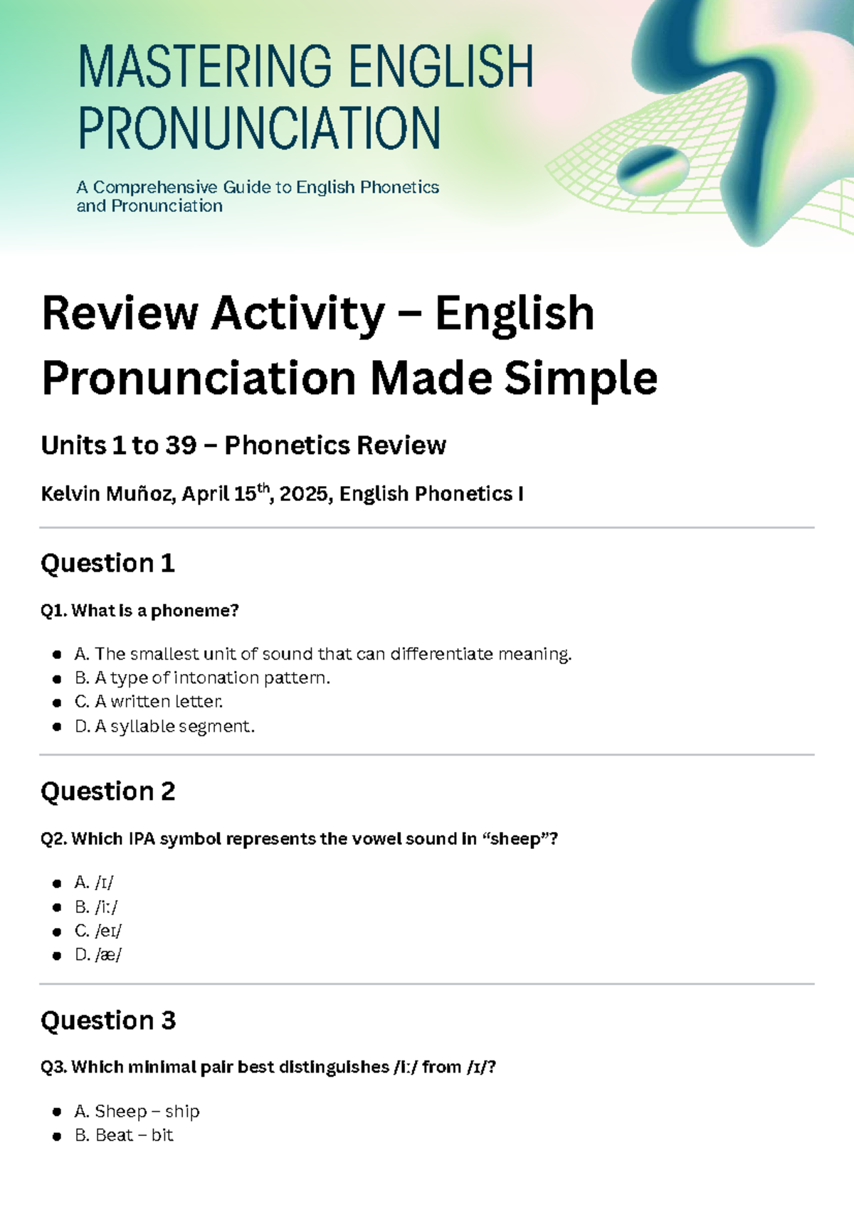 English Phonetics I Review Activity: Mastering Pronunciation Units 1-39 ...