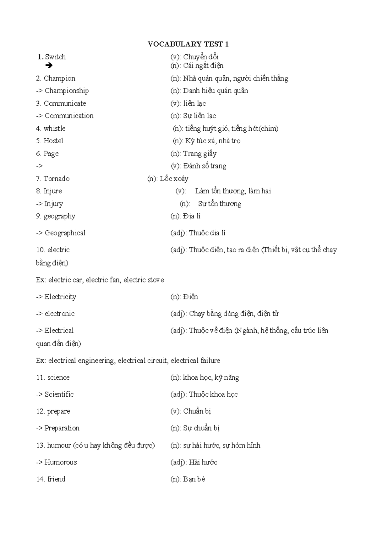 Vocabulary Test 1: Key Terms and Definitions - Studocu