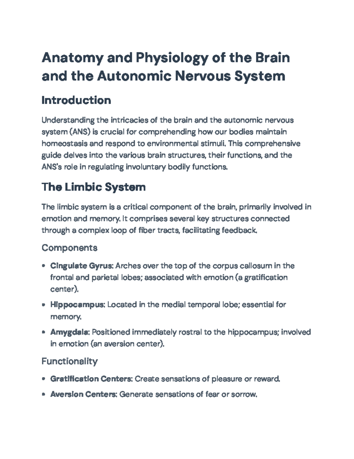 Comprehensive Study Guide: Brain Anatomy & Autonomic Nervous System ...
