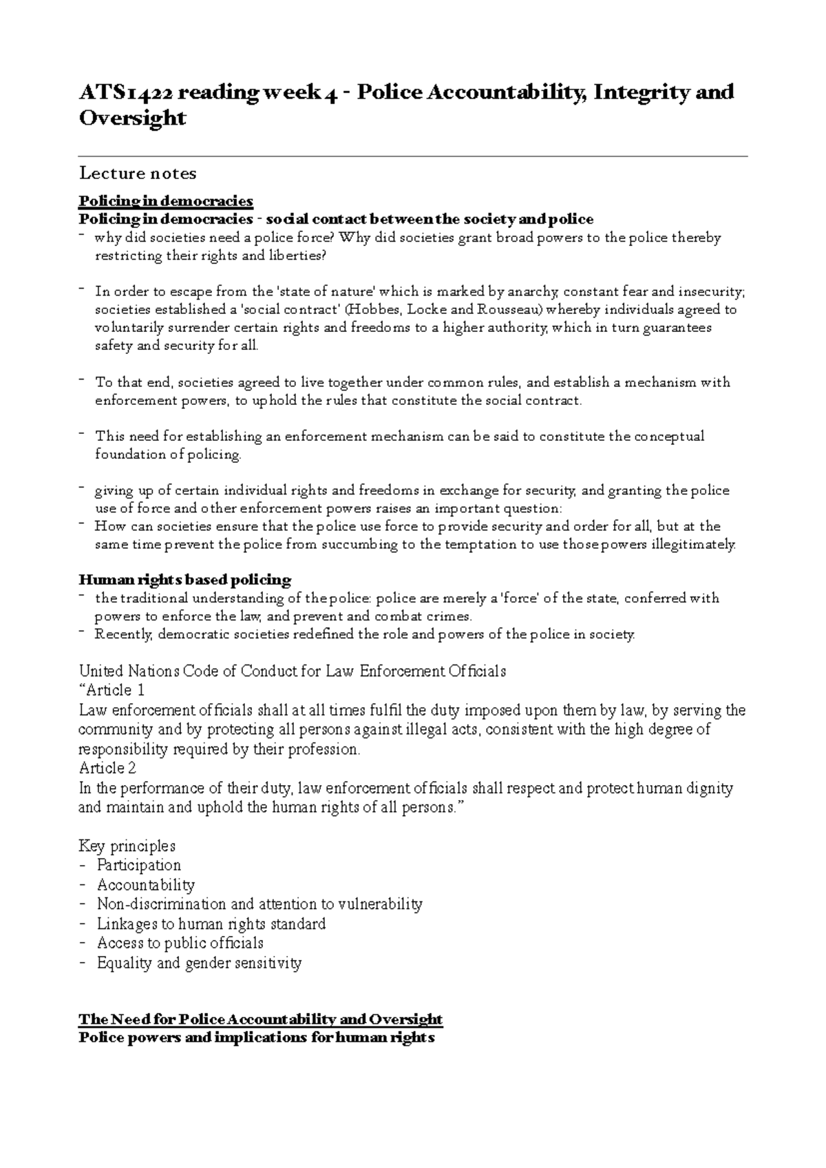 ATS1422 Lecture Notes: Police Accountability & Oversight in Democracies ...