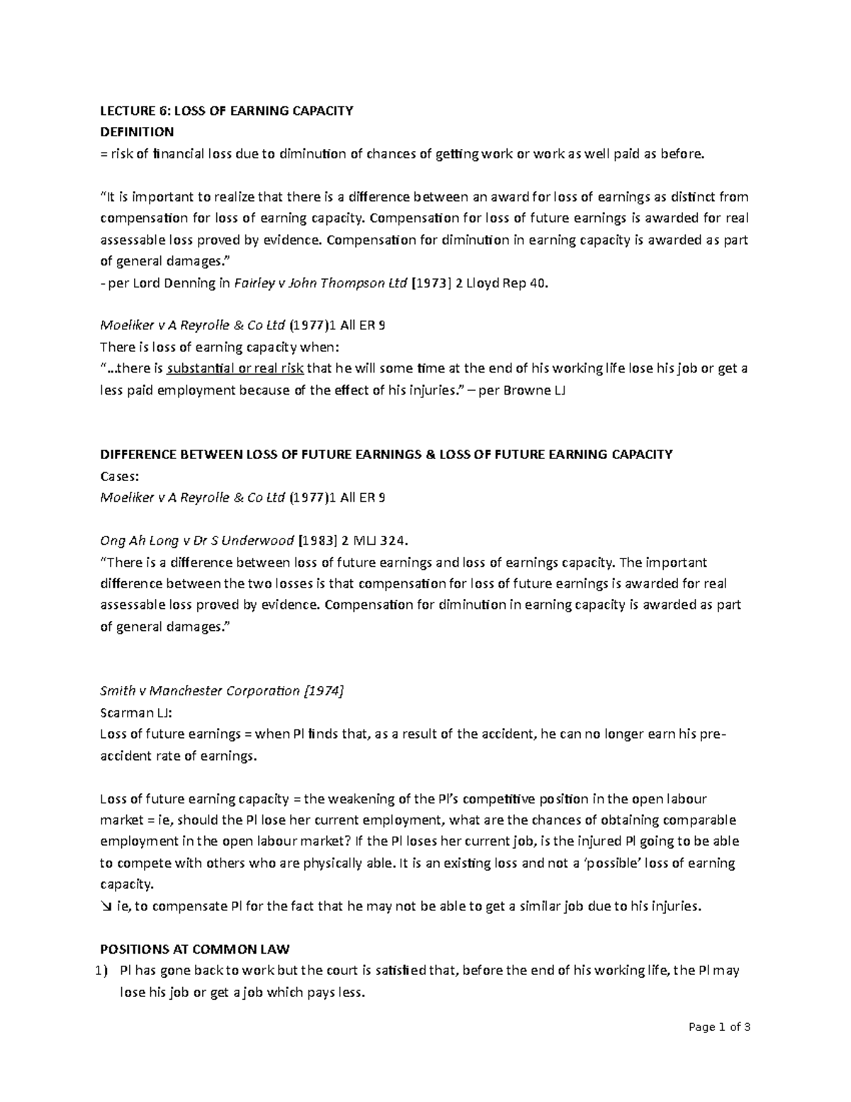 Lecture 6: Loss of Earning Capacity and Future Earnings Distinction ...