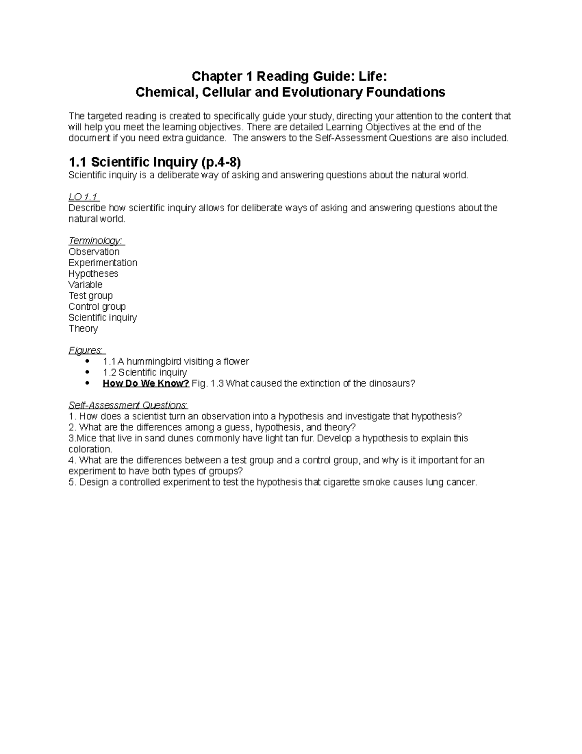 Ch 1 reading guide - Chapter 1 Reading Guide: Life: Chemical, Cellular ...
