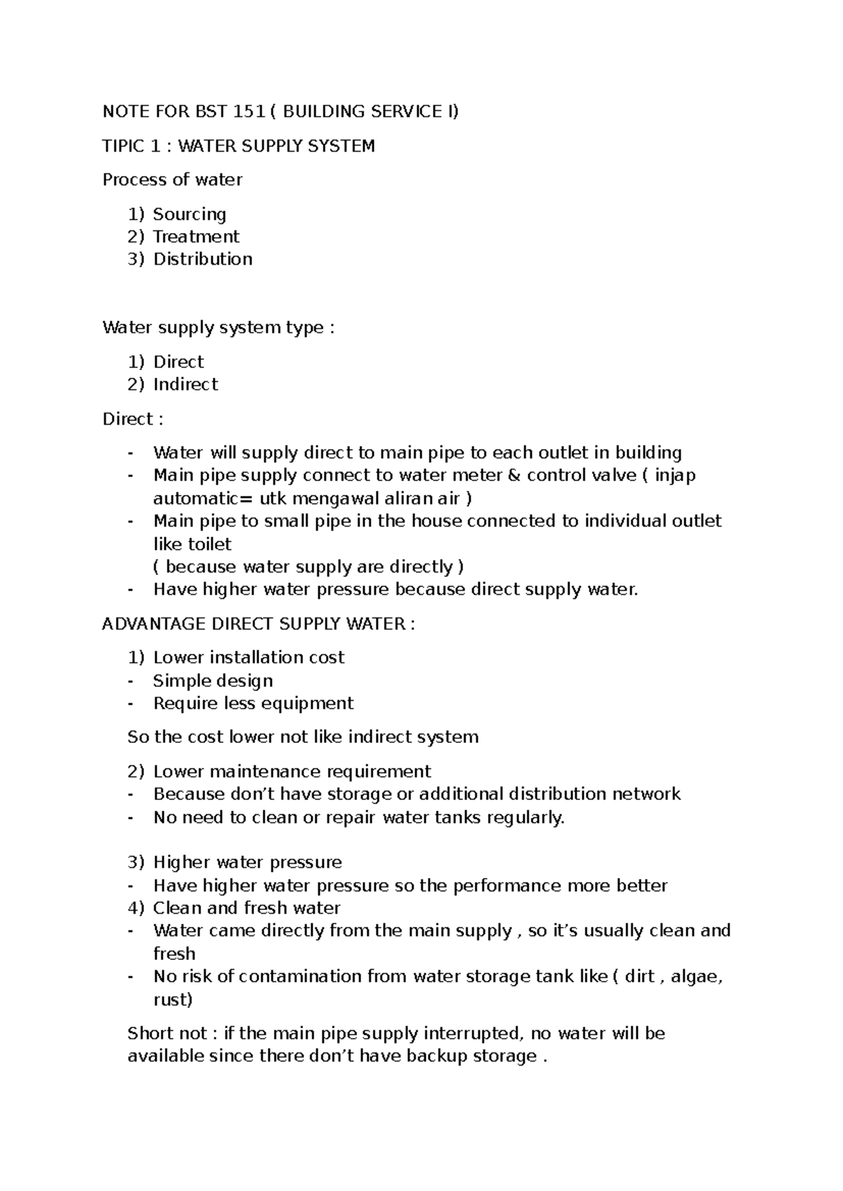 NOTE FOR BST 151: WATER SUPPLY SYSTEMS - DIRECT vs INDIRECT - Studocu