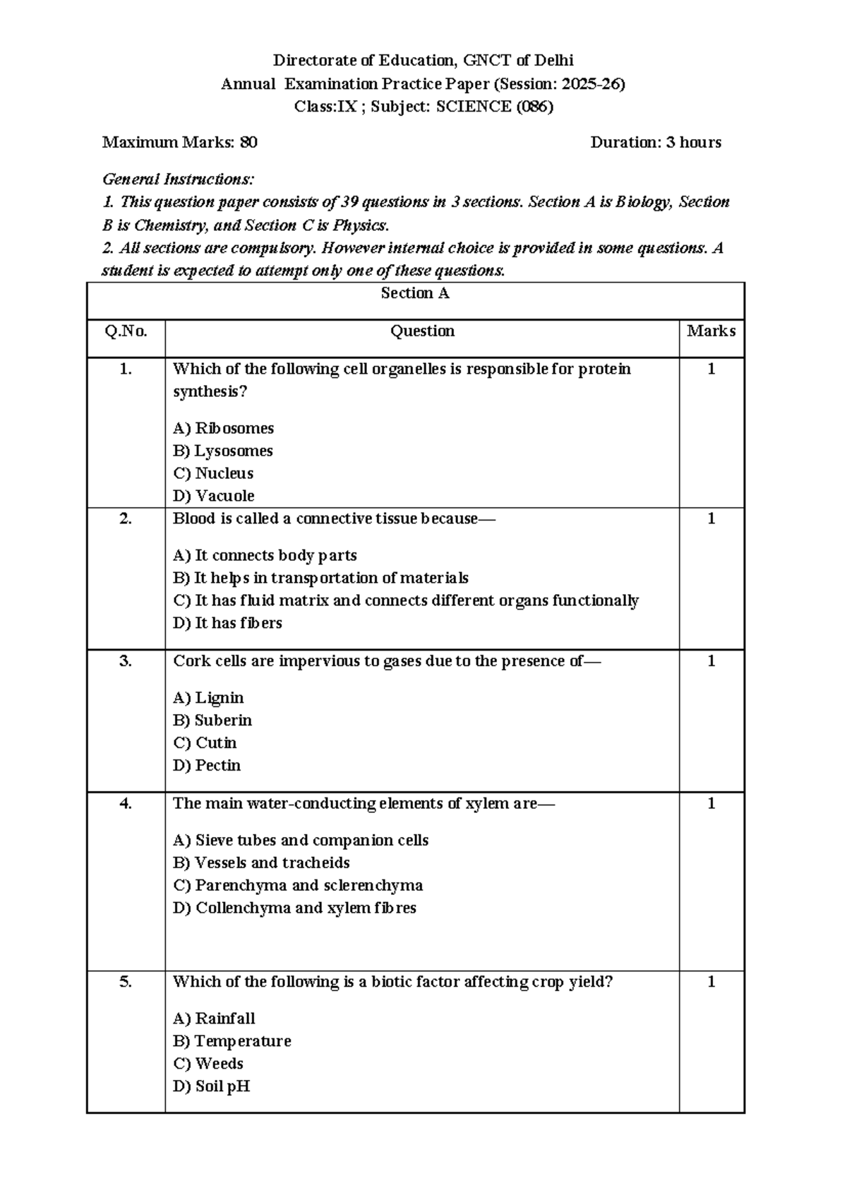 Class IX Science (086) Annual Exam Practice Paper 2025 - Studocu