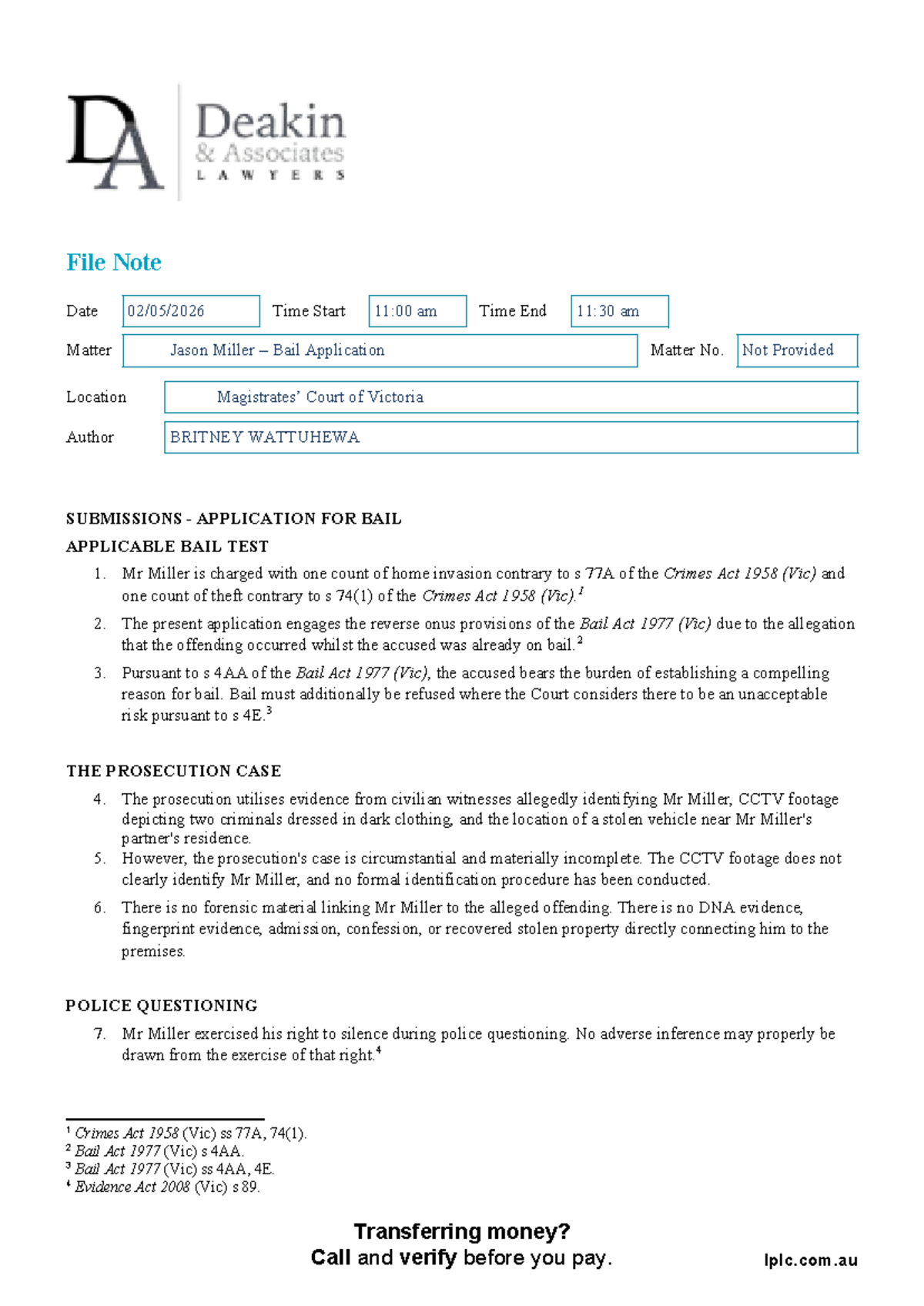 MLP218 AT1 T12025 Bail Application Submissions for Jason Miller - Studocu