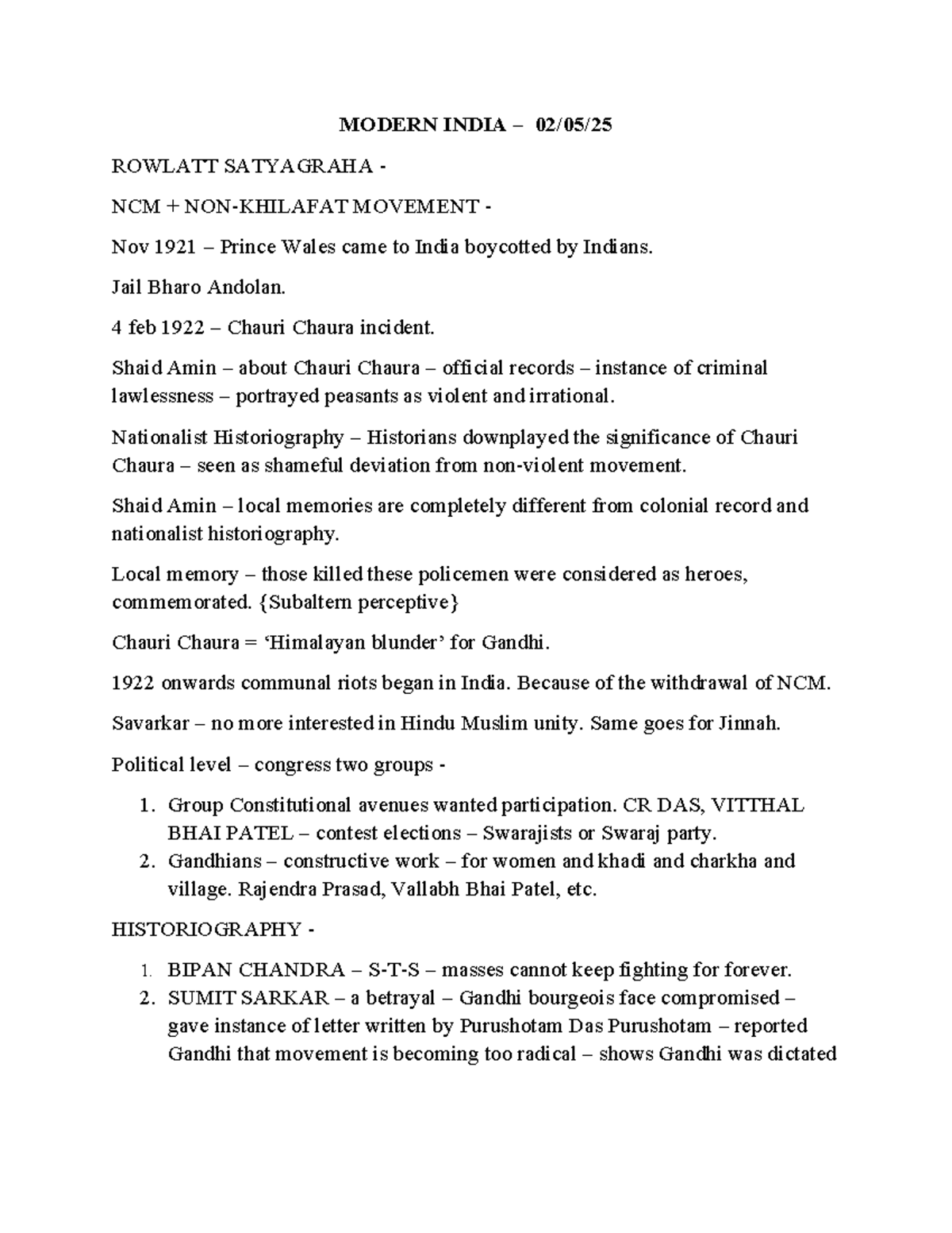 Modern India: Rowlatt Satyagraha & NCM Movement Notes (1921-1922) - Studocu