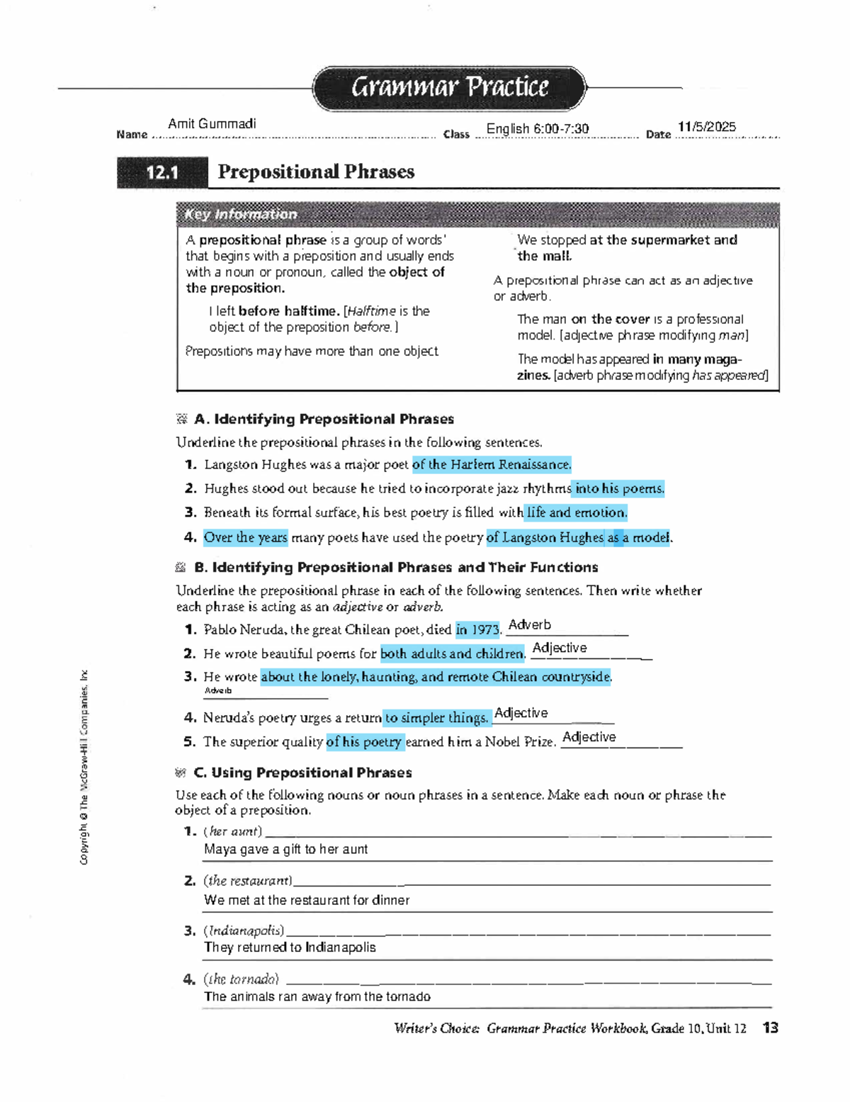 English 10 Grammar Practice: Prepositional Phrases and Usage - Studocu