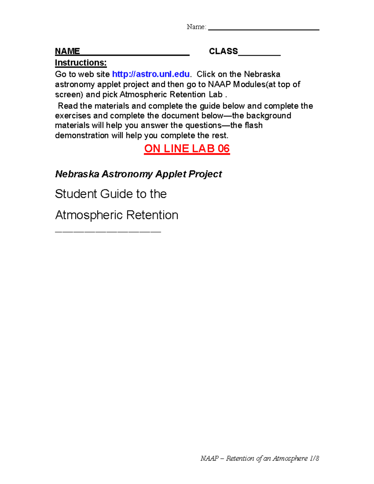 Atmospheric Retention Lab Worksheet (NAAP) - Student Guide - Studocu