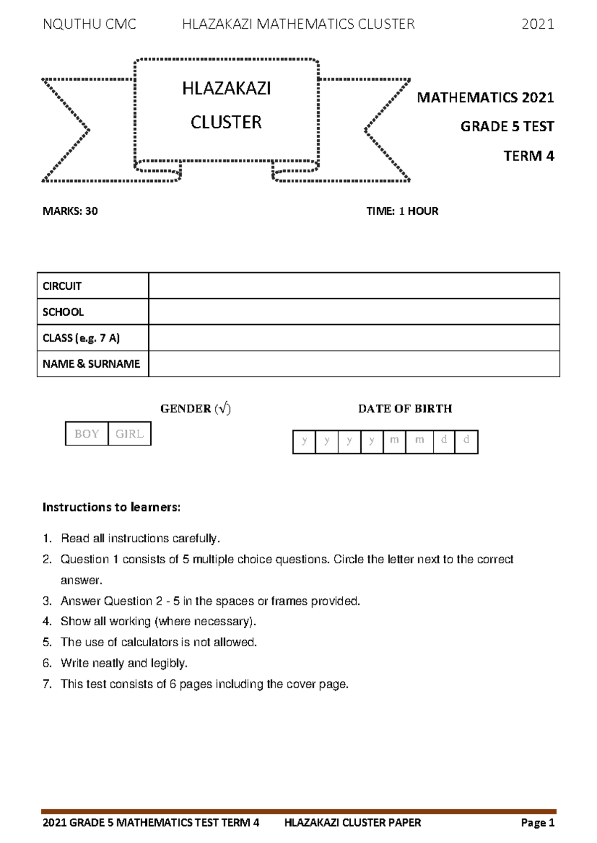 GR5 Maths Test - Term 4, 2021 - Marks: 30 Time: 1 Hour - Studocu