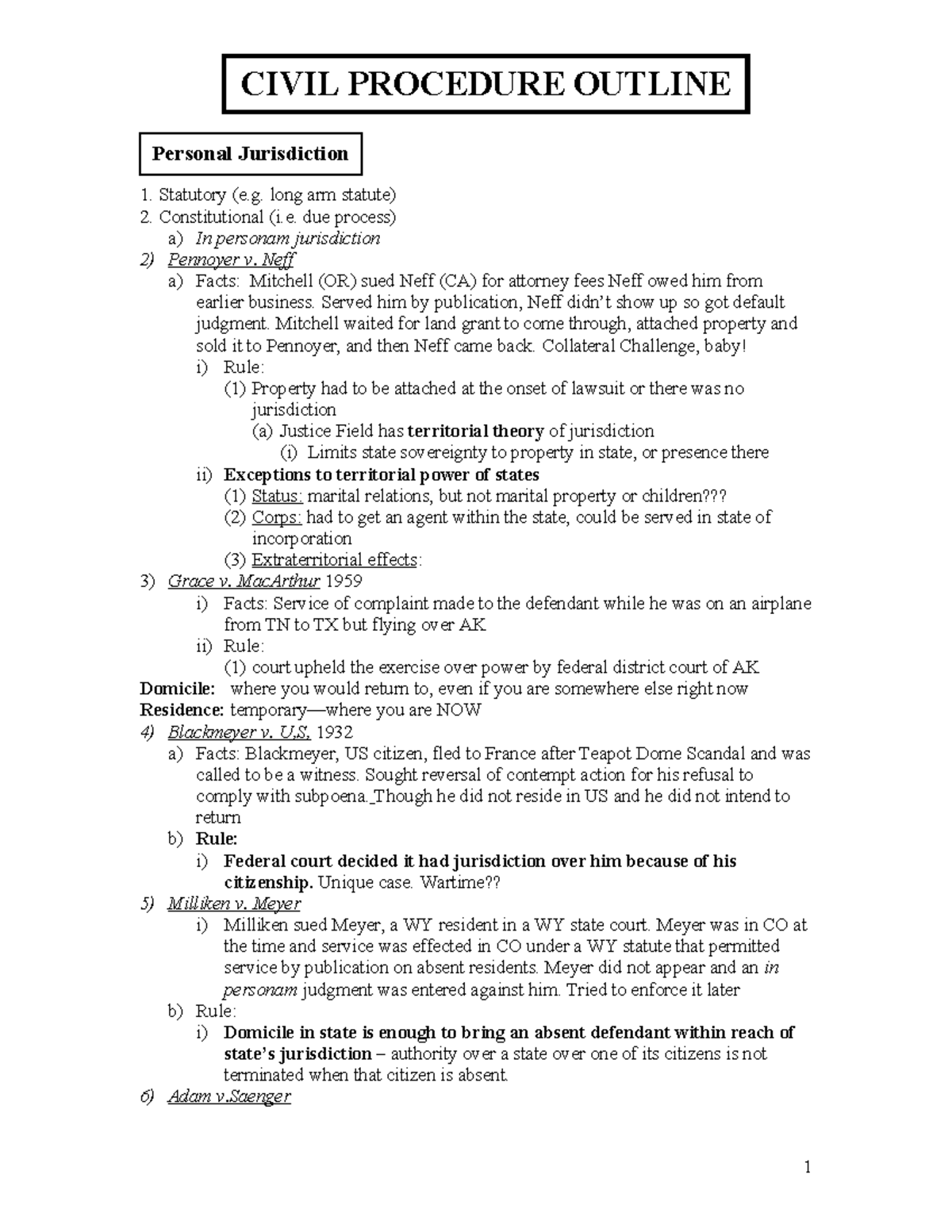 CIVIL PROCEDURE OUTLINE: Personal Jurisdiction Analysis and Case ...