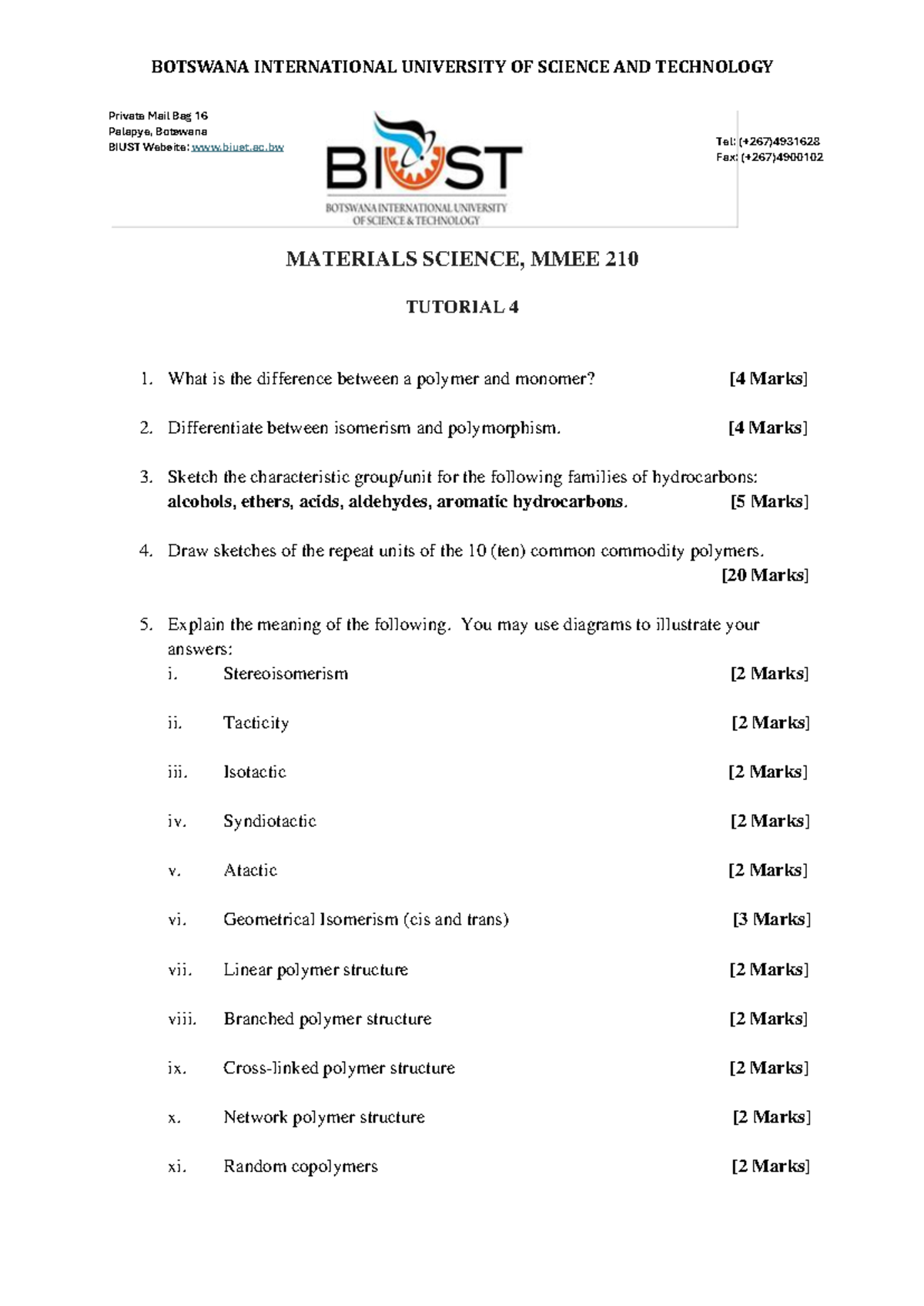 MMEE 210 Tutorial 4: Polymer Science and Molecular Weight Analysis ...