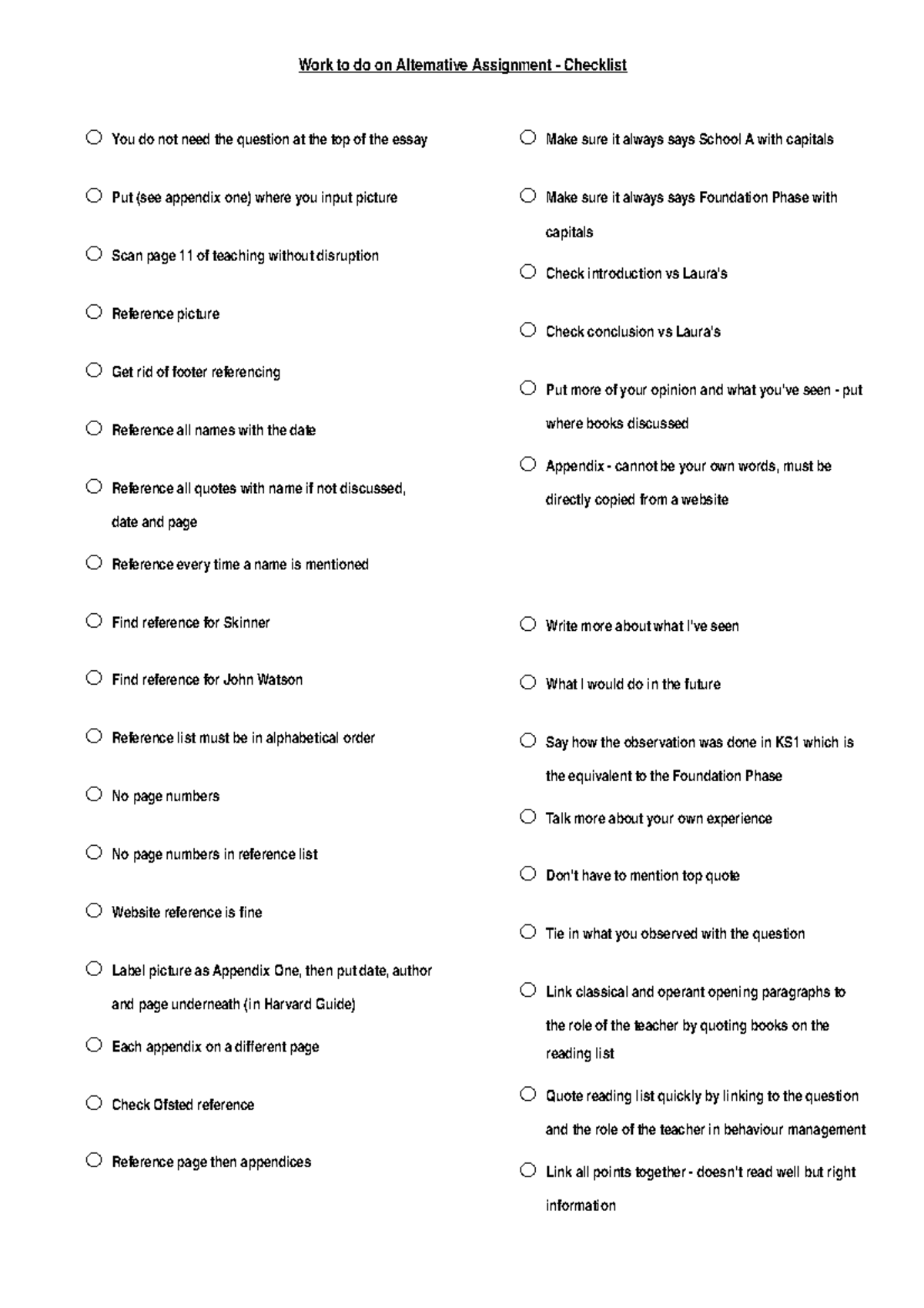 Final Checklist - Work to do on Alternative Assignment - Checklist oYou ...