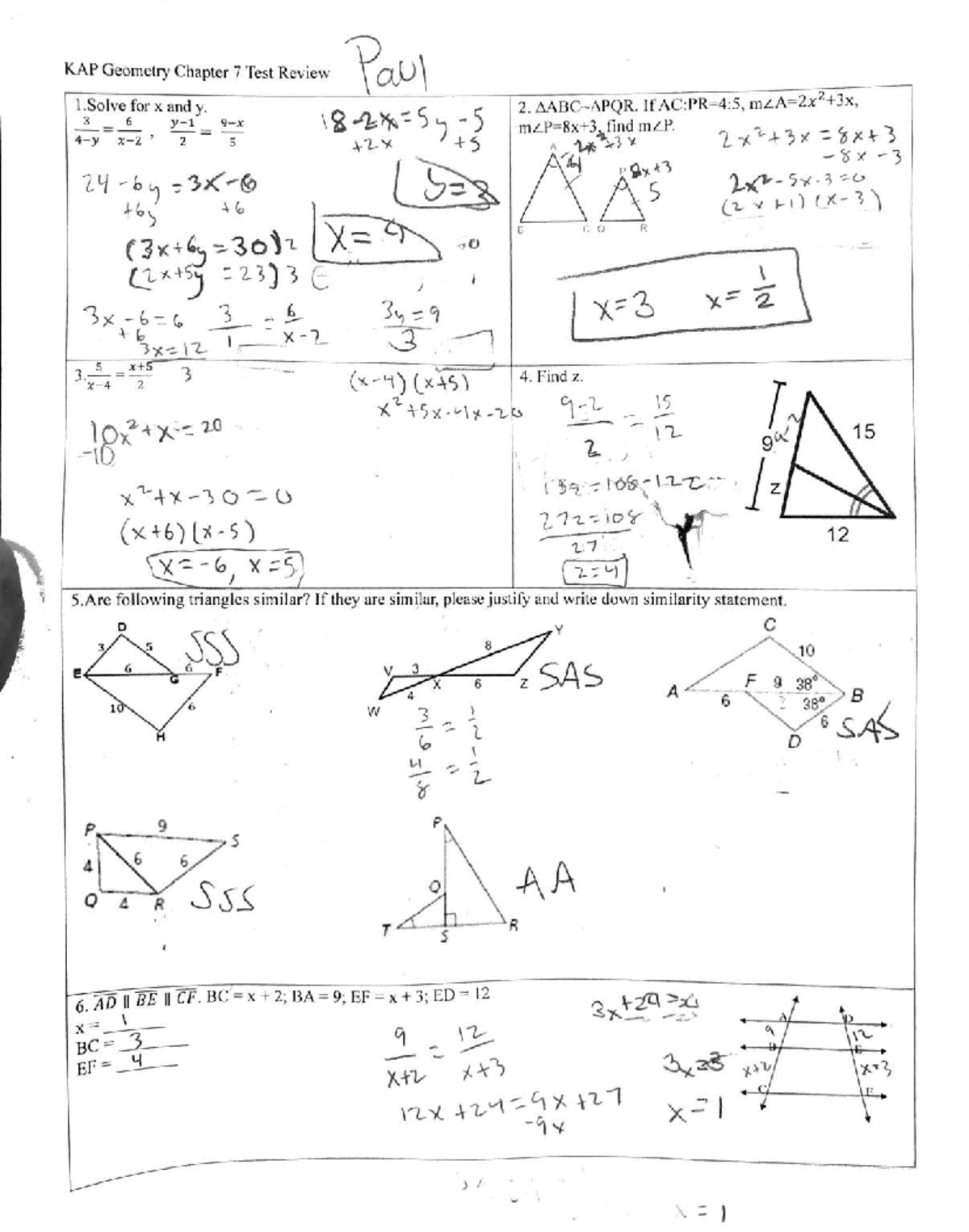 Kap Geometry Chapter 7 Test Review Solving For X Y And Similarity
