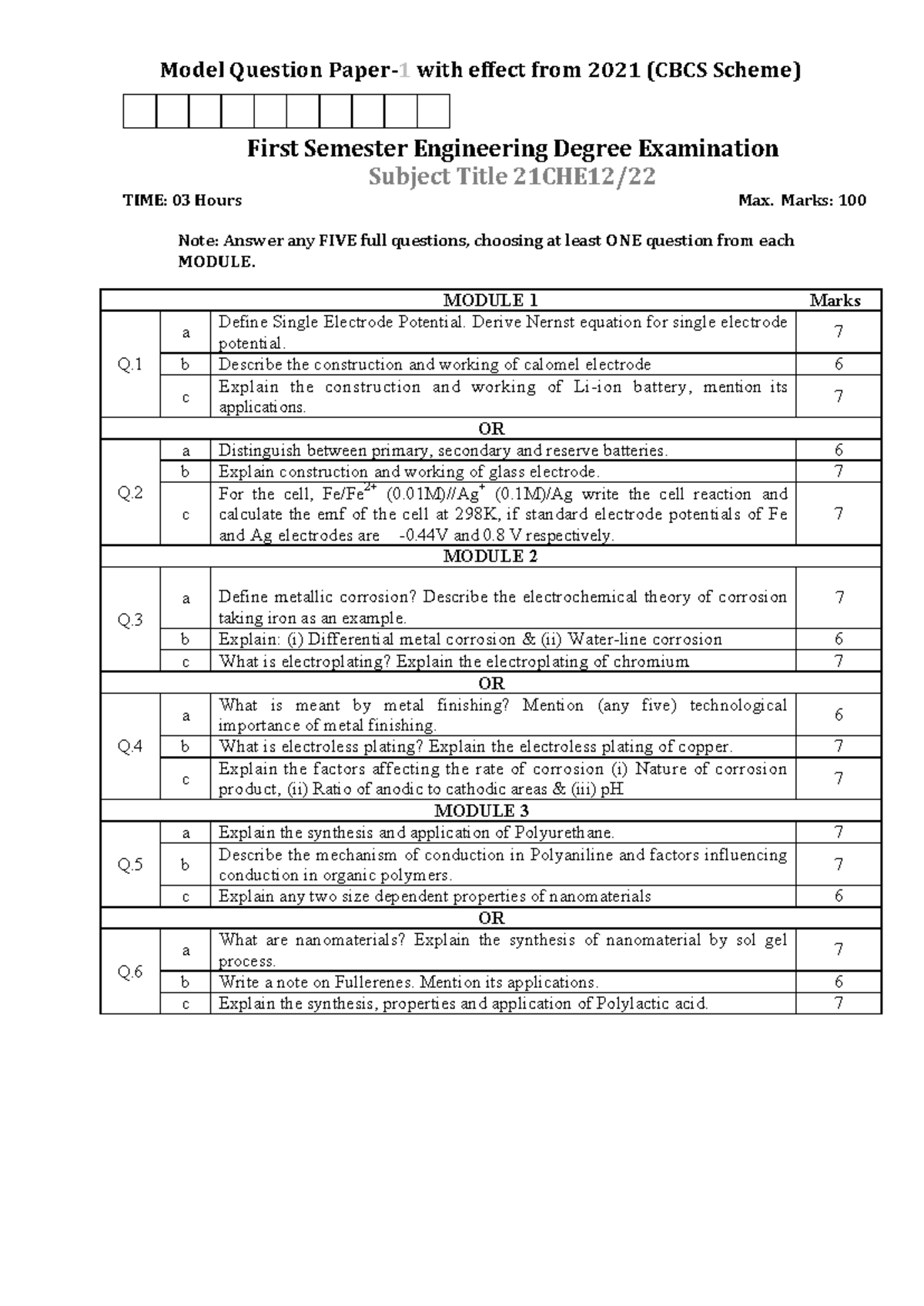 21CHE12 - Model Question Paper 1 for 1st Sem Engineering Exam - Studocu
