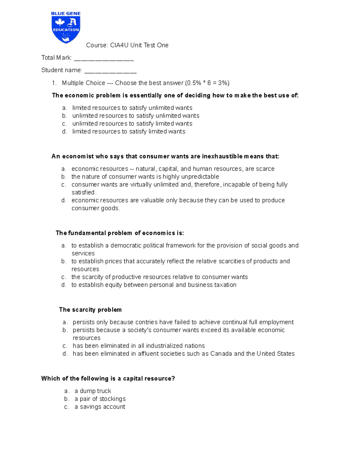 CIA4U Unit Test One: Economics Concepts & Case Study Insights - Studocu