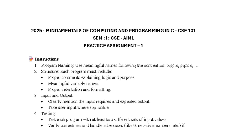 CSE 101 SEM I: AIML Practice Assignment 1 - Fundamentals of C ...