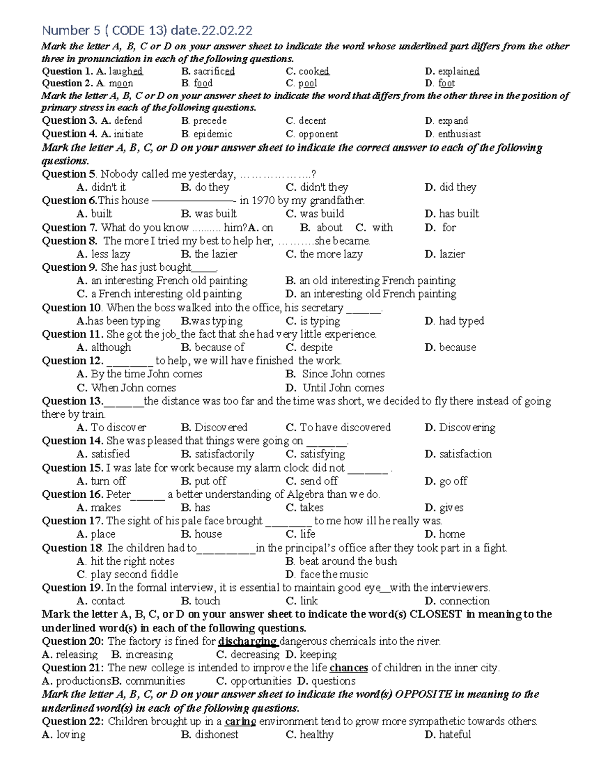 English Test Paper - CODE 13 & 14 (Date: 22.02.22) - Studocu